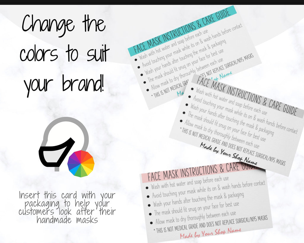 EDITABLE Face Mask Label Care Card Instructions | Aqua
