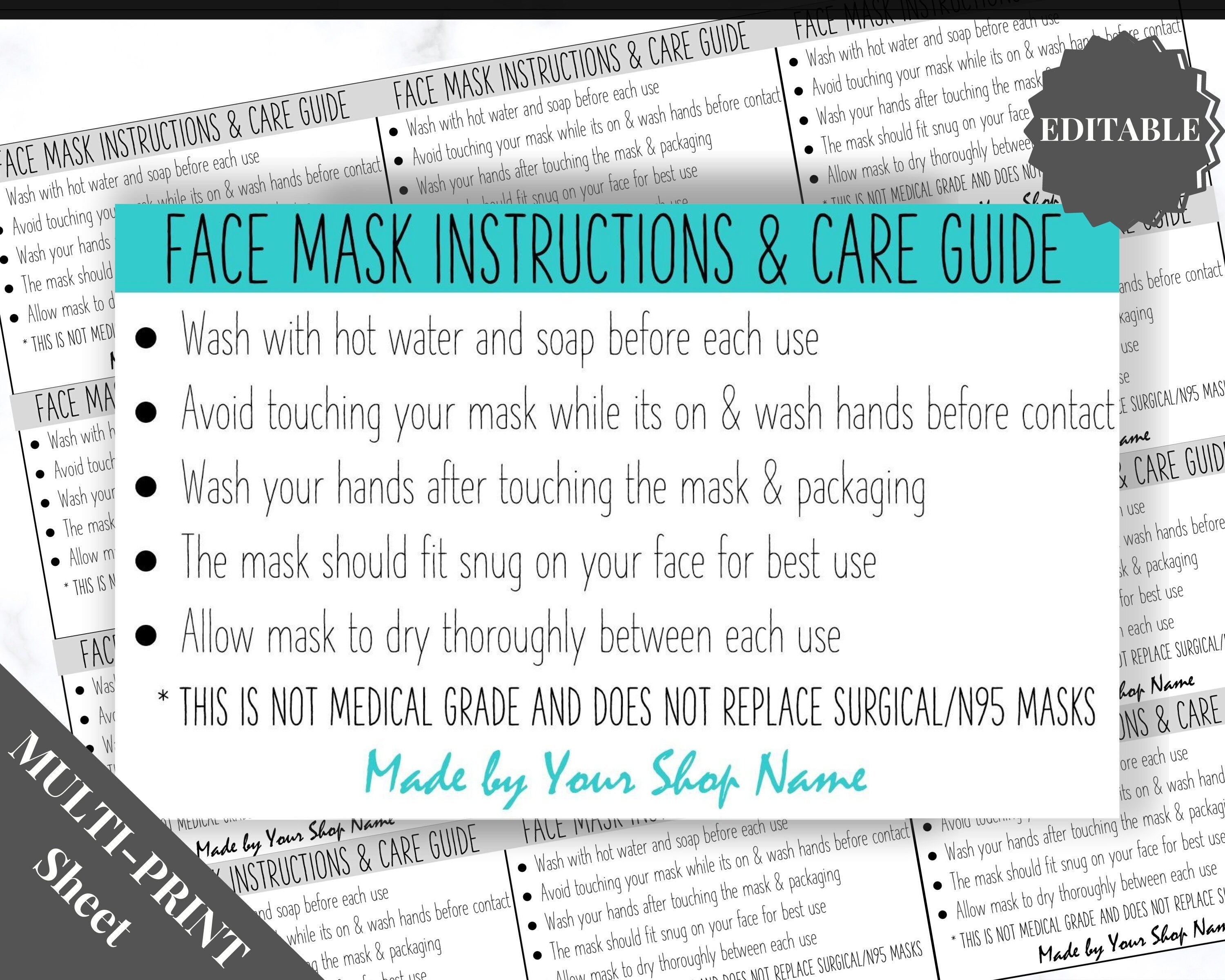 EDITABLE Face Mask Label Care Card Instructions | Aqua