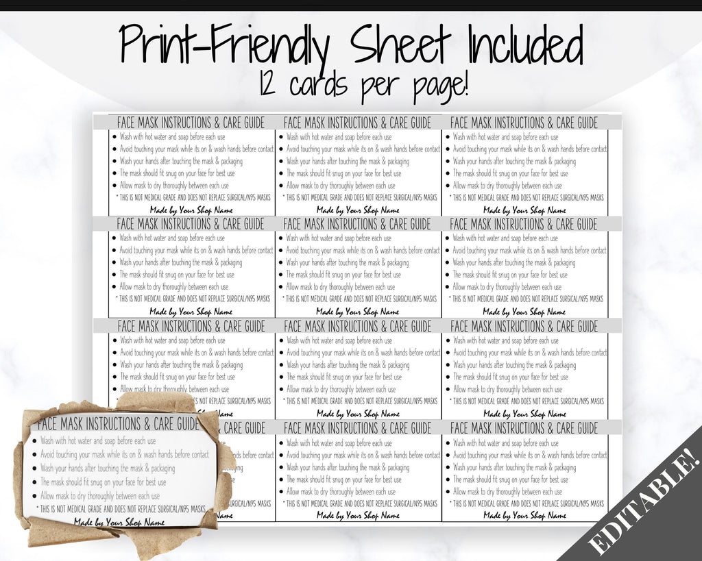 EDITABLE Face Mask Label Care Card Instructions | Grey