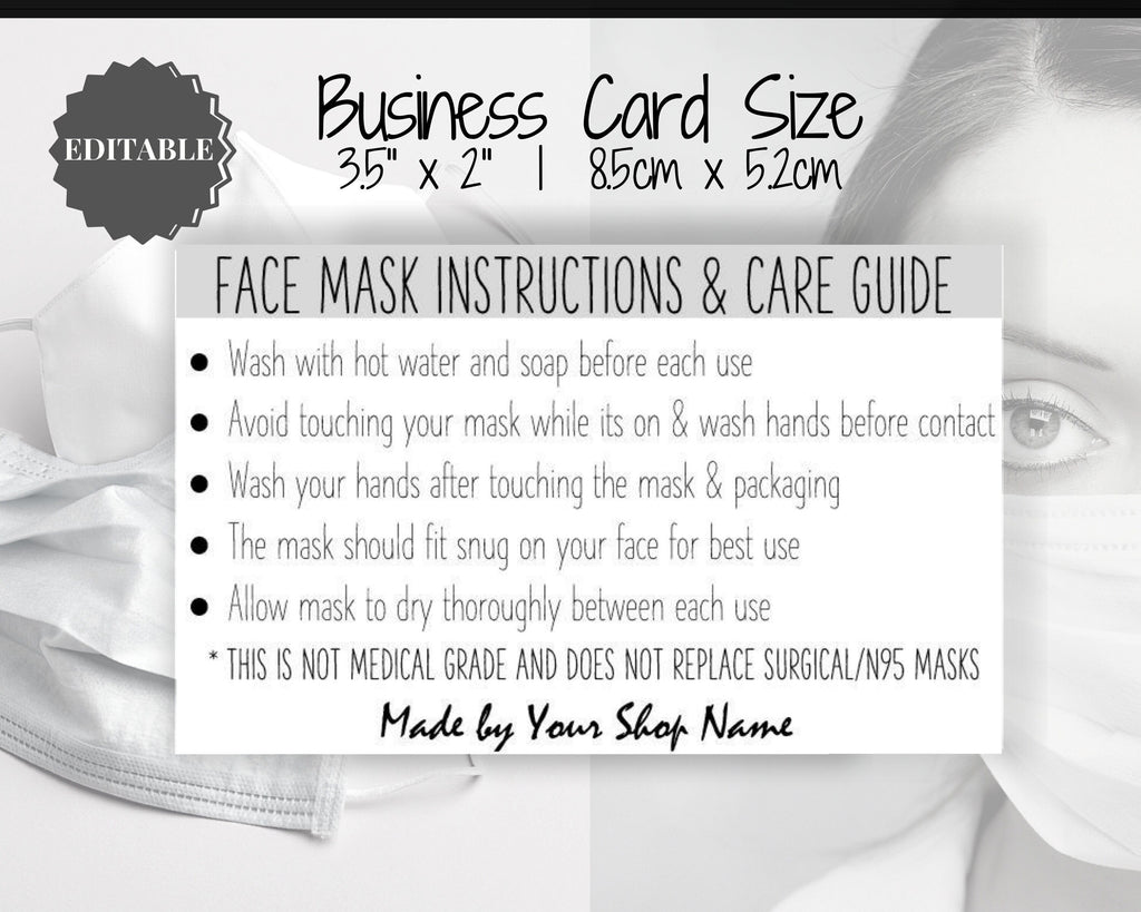 EDITABLE Face Mask Label Care Card Instructions | Grey