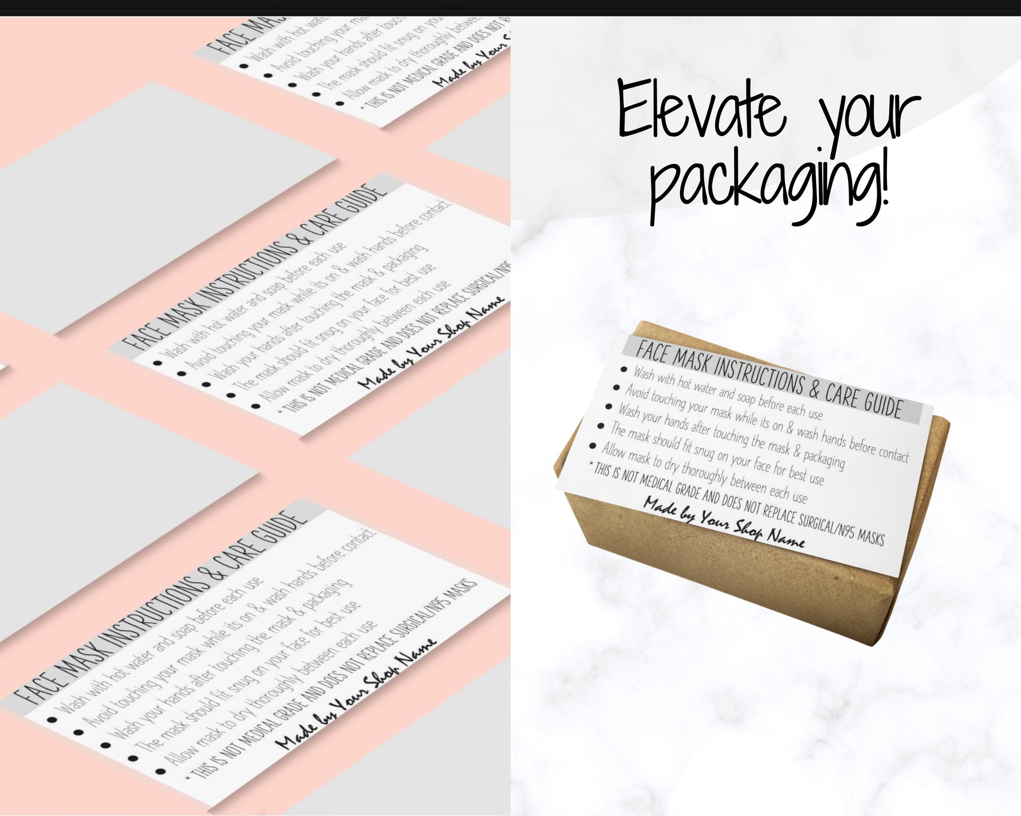 EDITABLE Face Mask Label Care Card Instructions | Grey