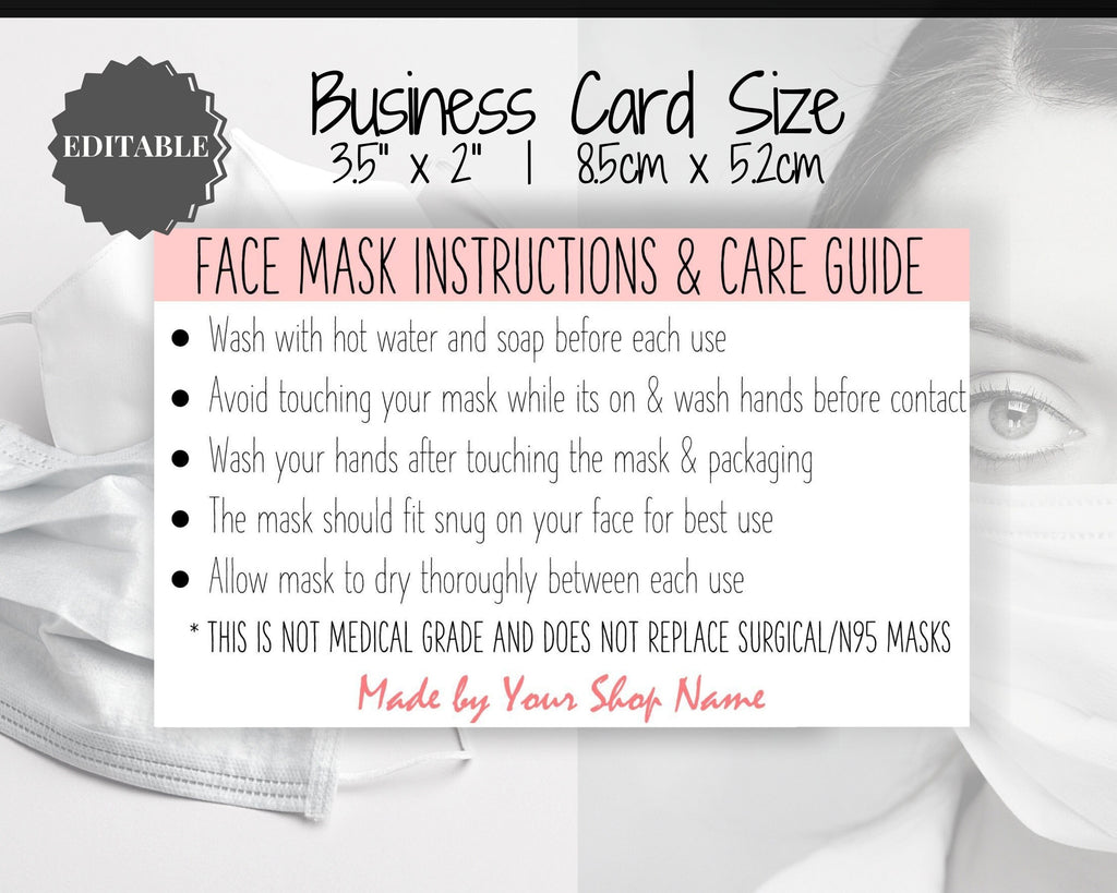 EDITABLE Face Mask Label Care Card Instructions | Pink