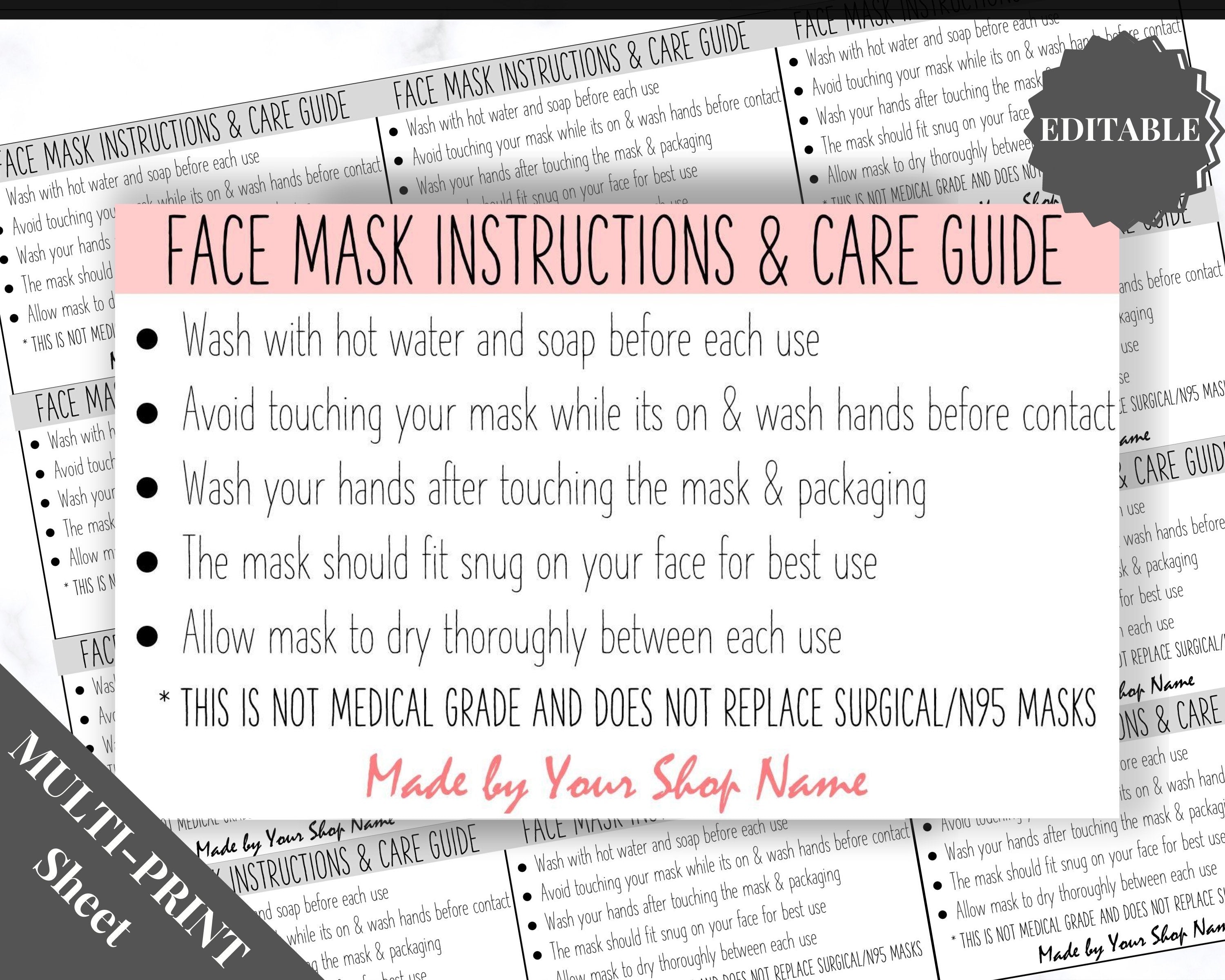 EDITABLE Face Mask Label Care Card Instructions | Pink