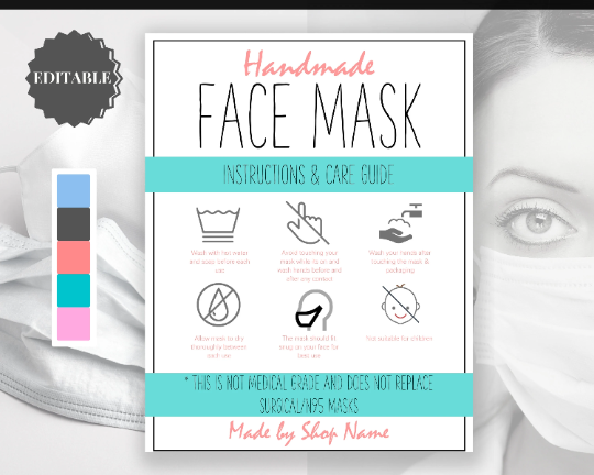 EDITABLE Face Mask Label Care Card Instructions | Multicolor Bundle