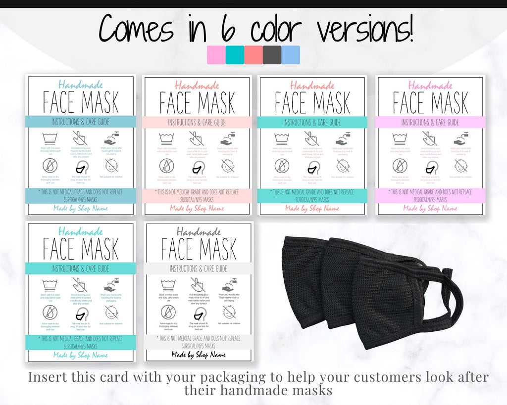 EDITABLE Face Mask Label Care Card Instructions | Multicolor Bundle