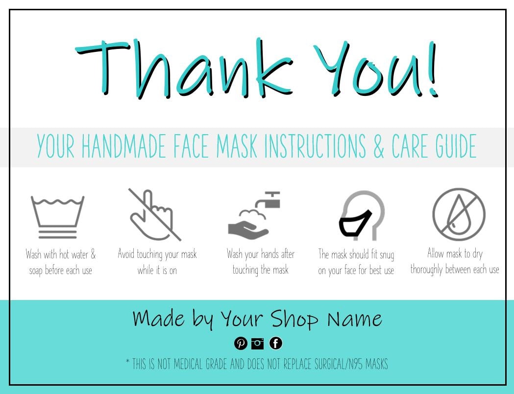 EDITABLE Face Mask THANK YOU for Your Order Care Card | Aqua Style 1