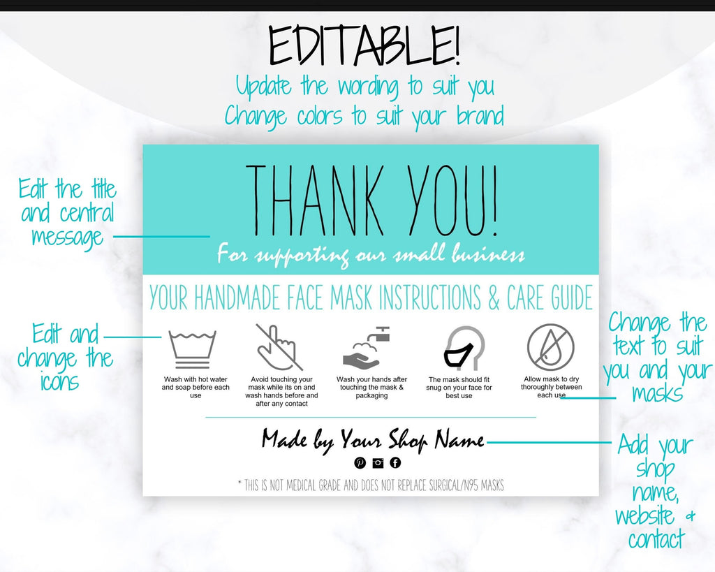 EDITABLE Face Mask THANK YOU for Your Order Care Card | Aqua Style 3