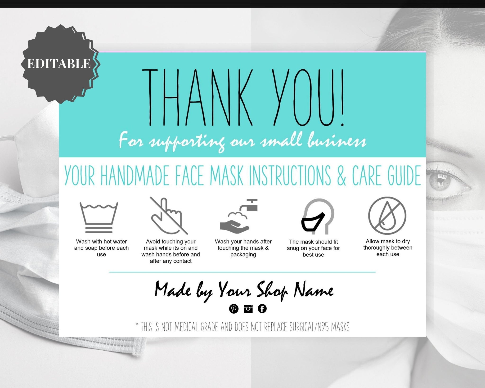 EDITABLE Face Mask THANK YOU for Your Order Care Card | Aqua Style 3