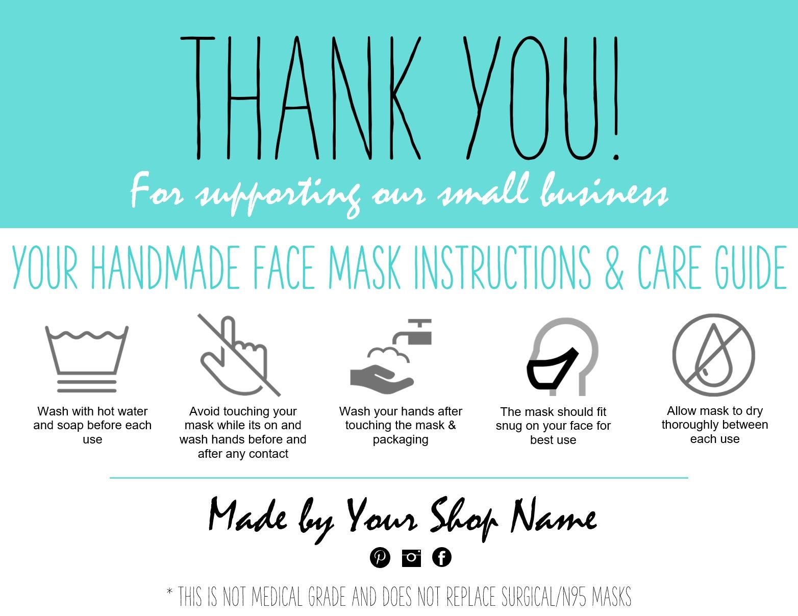 EDITABLE Face Mask THANK YOU for Your Order Care Card | Aqua Style 3