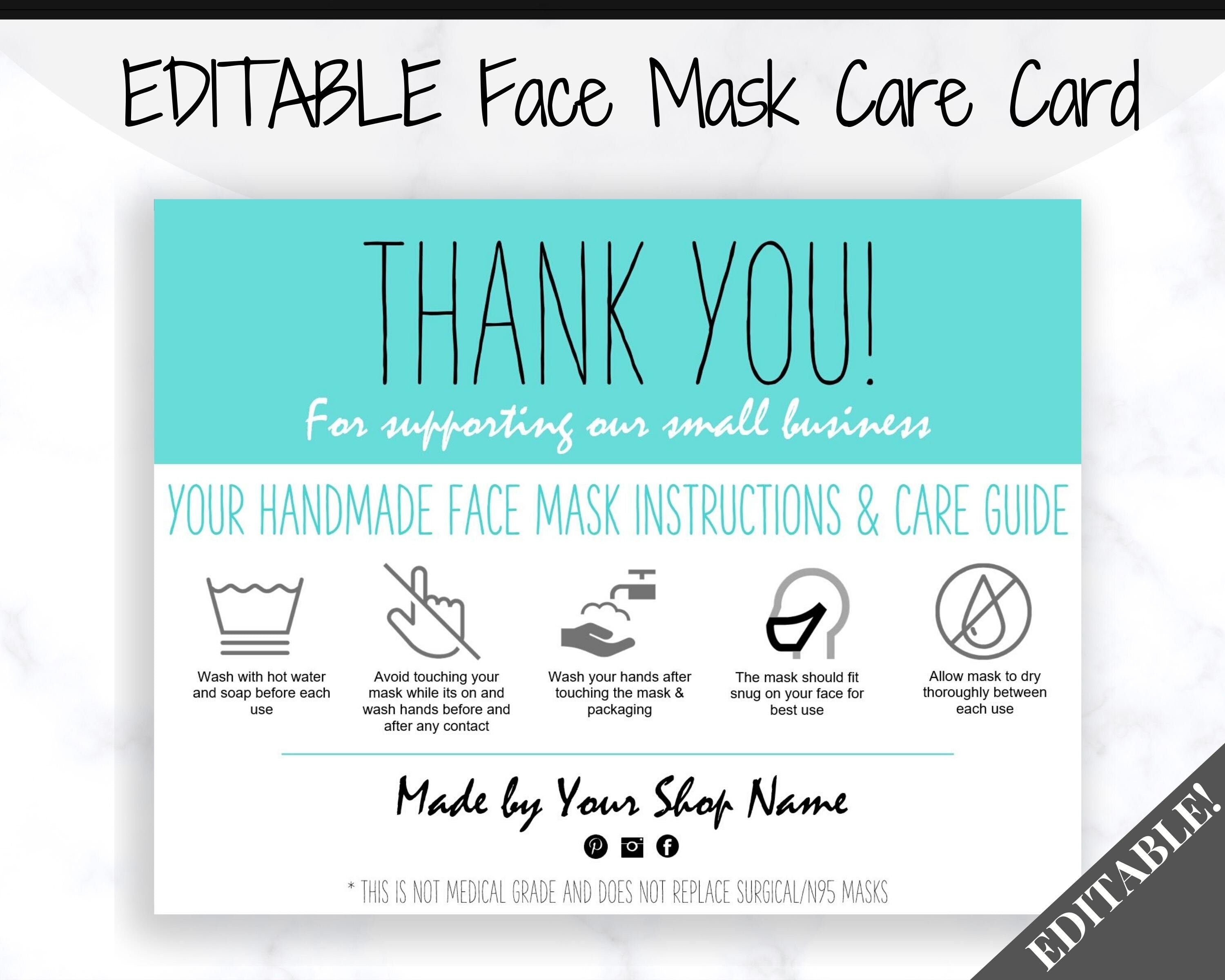 EDITABLE Face Mask THANK YOU for Your Order Care Card | Aqua Style 3