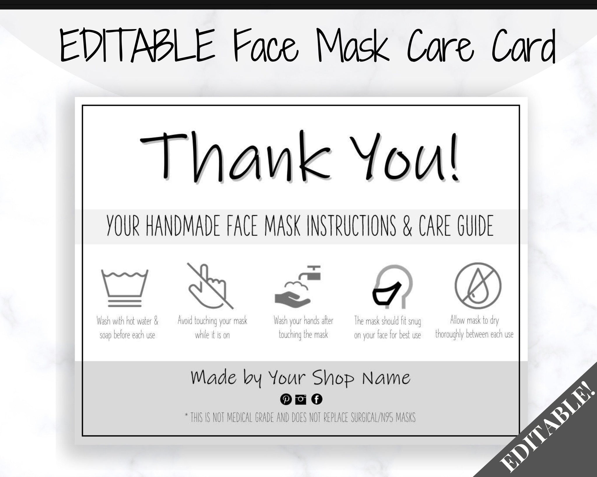 EDITABLE Face Mask THANK YOU for Your Order Care Card | Mono Style 1