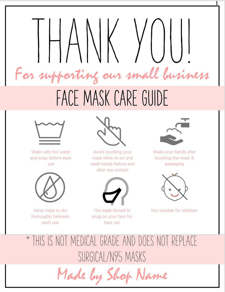 EDITABLE Face Mask Care Card THANK YOU for your Order Insert Bundle