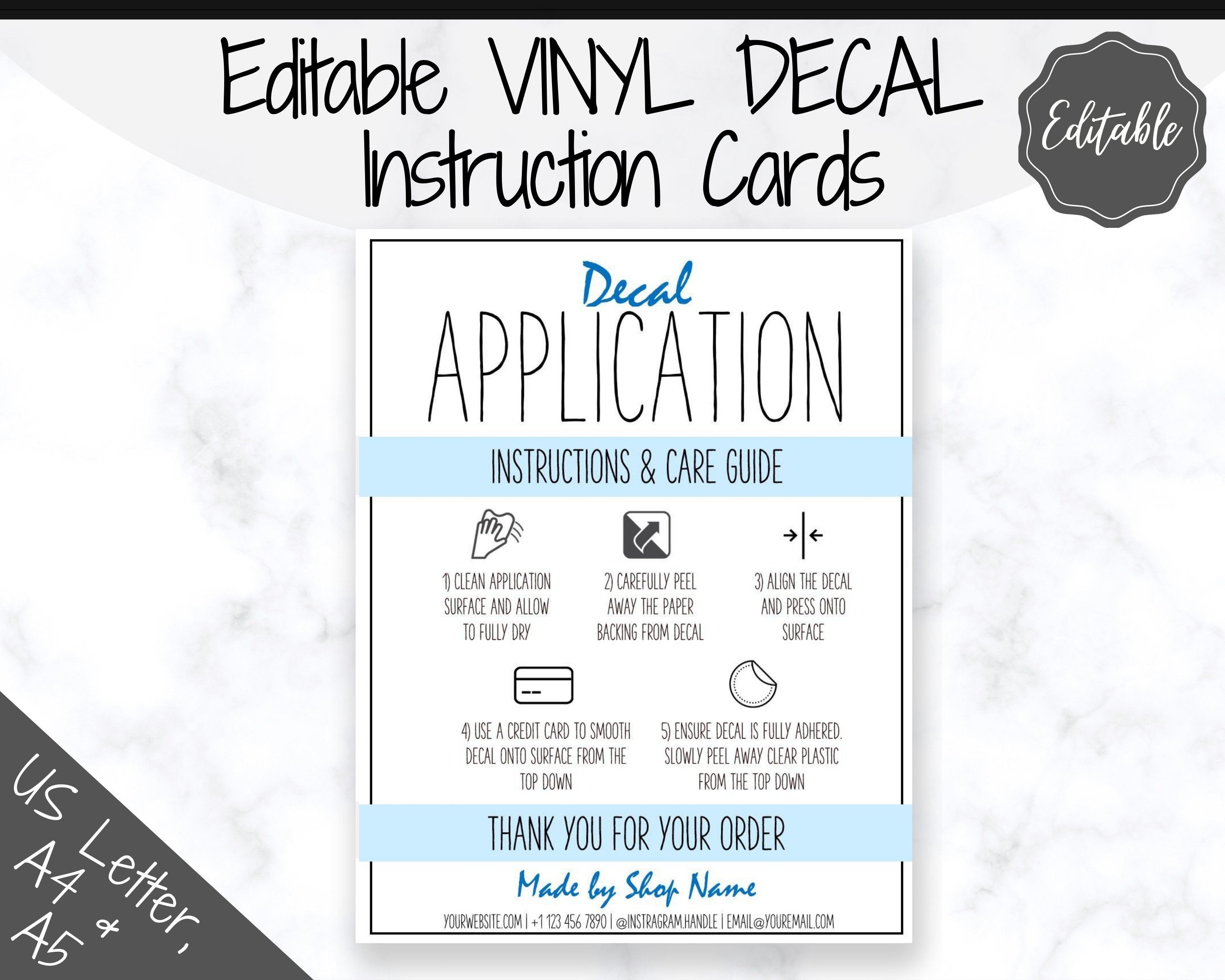 EDITABLE Vinyl Decal Care Card Printable Instructions | Blue