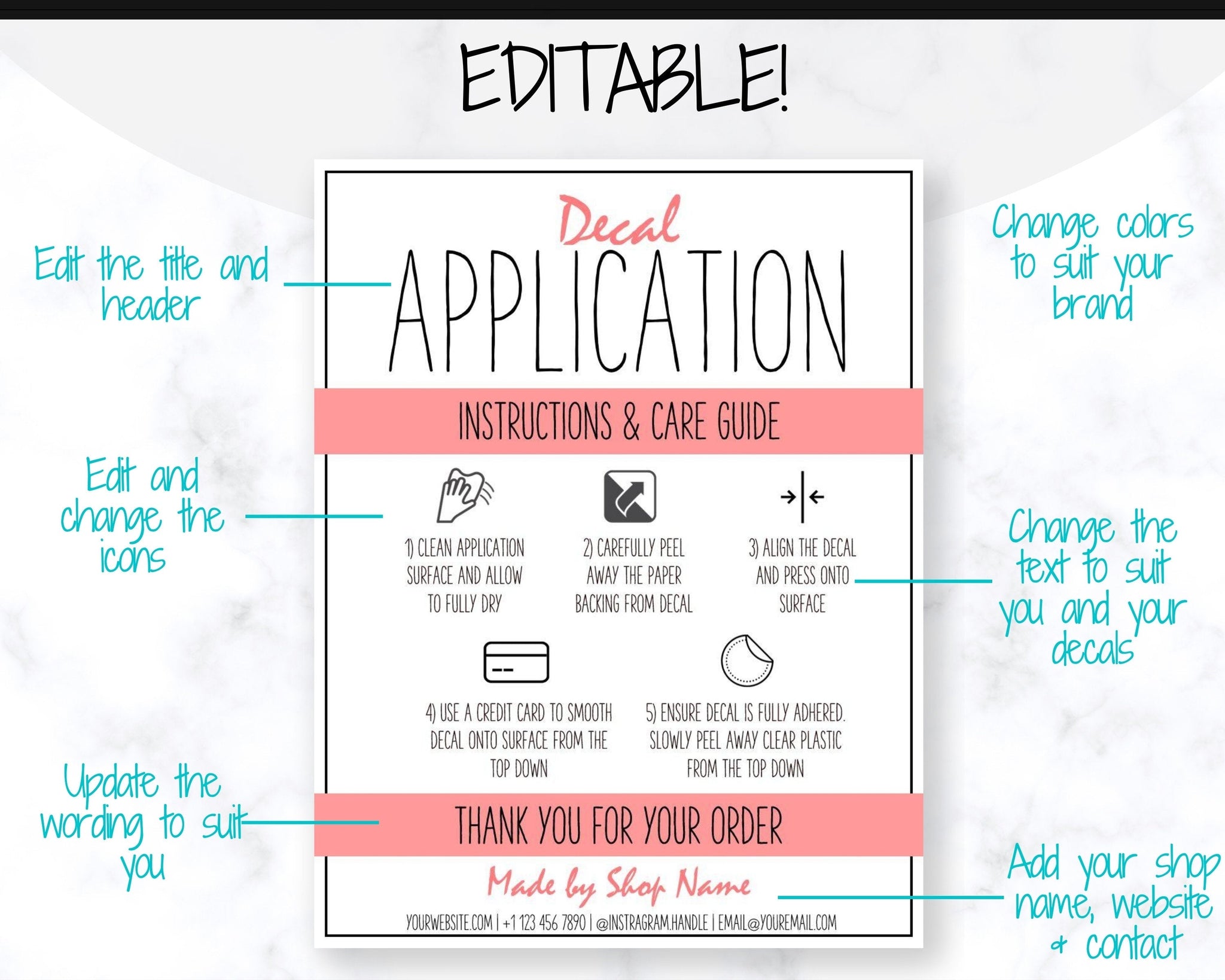 EDITABLE Vinyl Decal Care Card Printable Instructions | Multicolor