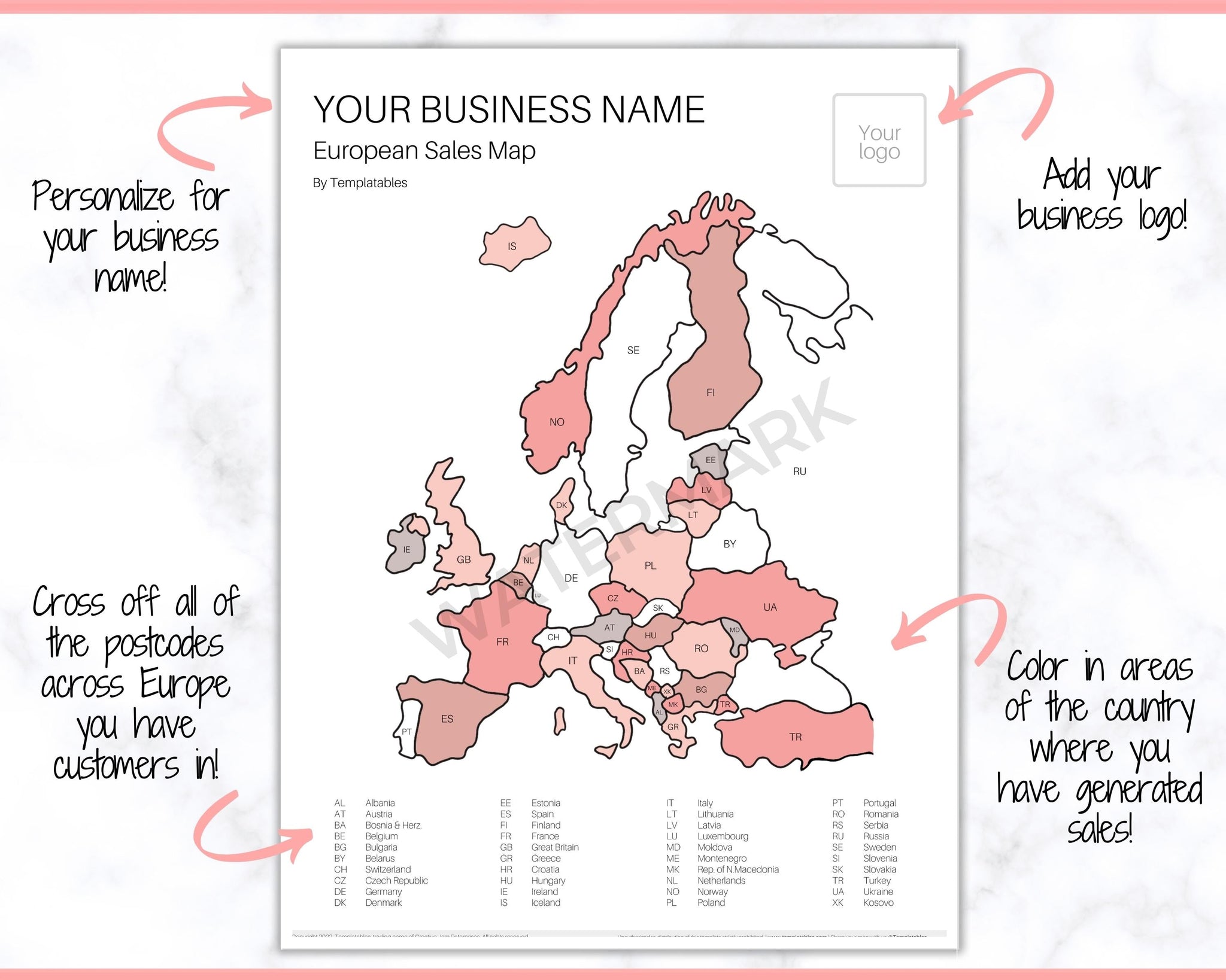 Europe Sales Map, EDITABLE European Business Order Tracker, Color In