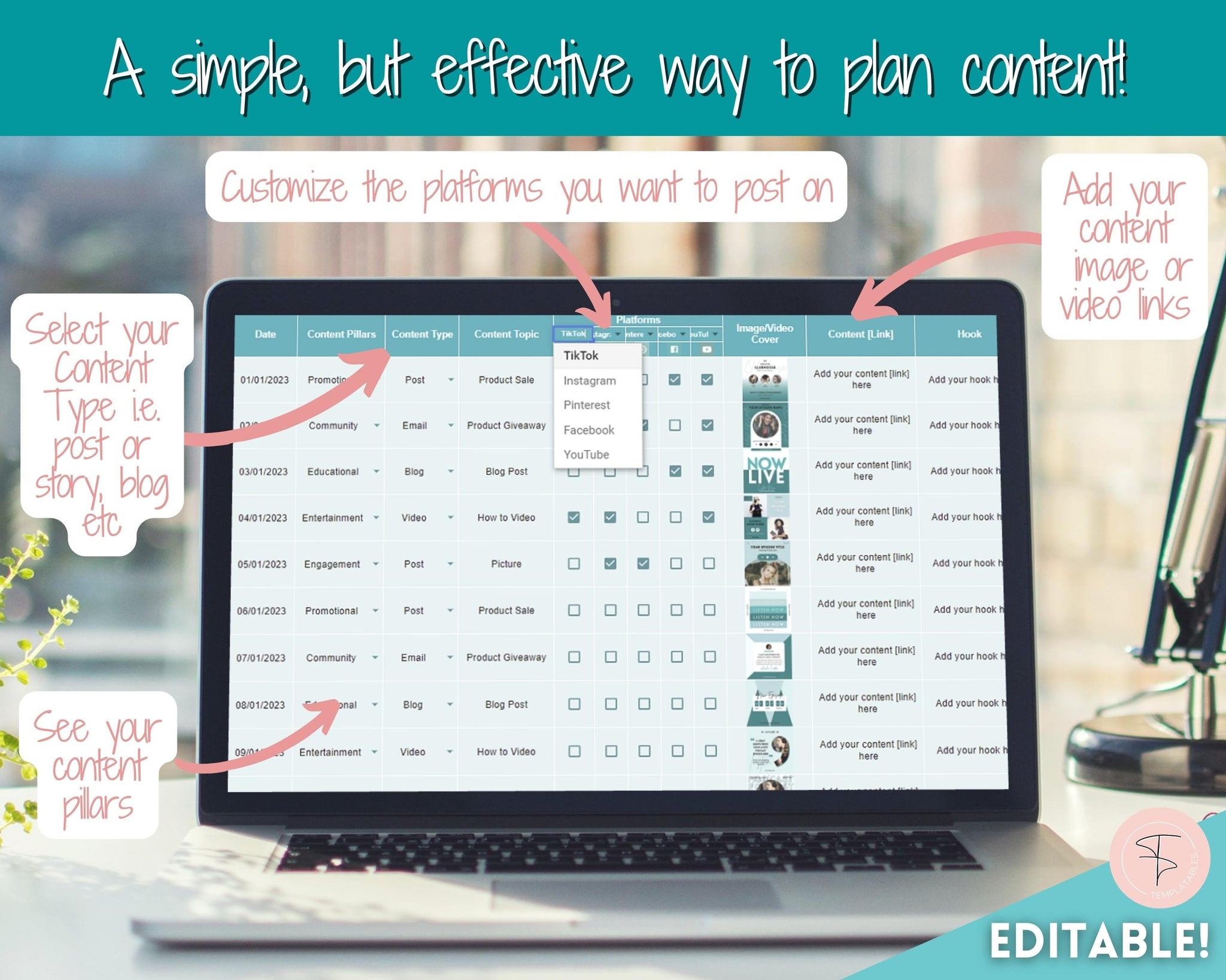 Editable Content Calendar Spreadsheet - Social Media Managers