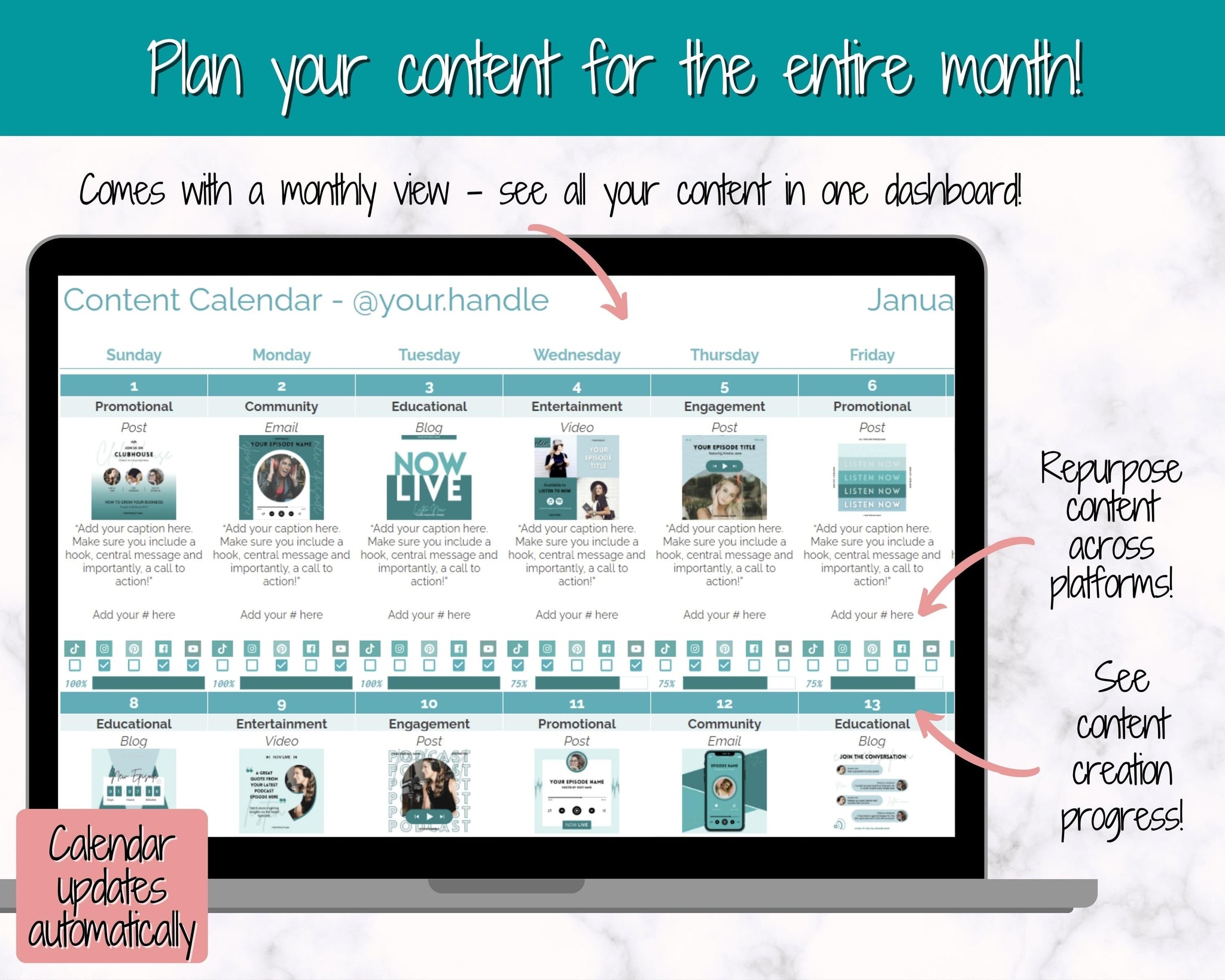 Editable Content Calendar Spreadsheet - Social Media Managers
