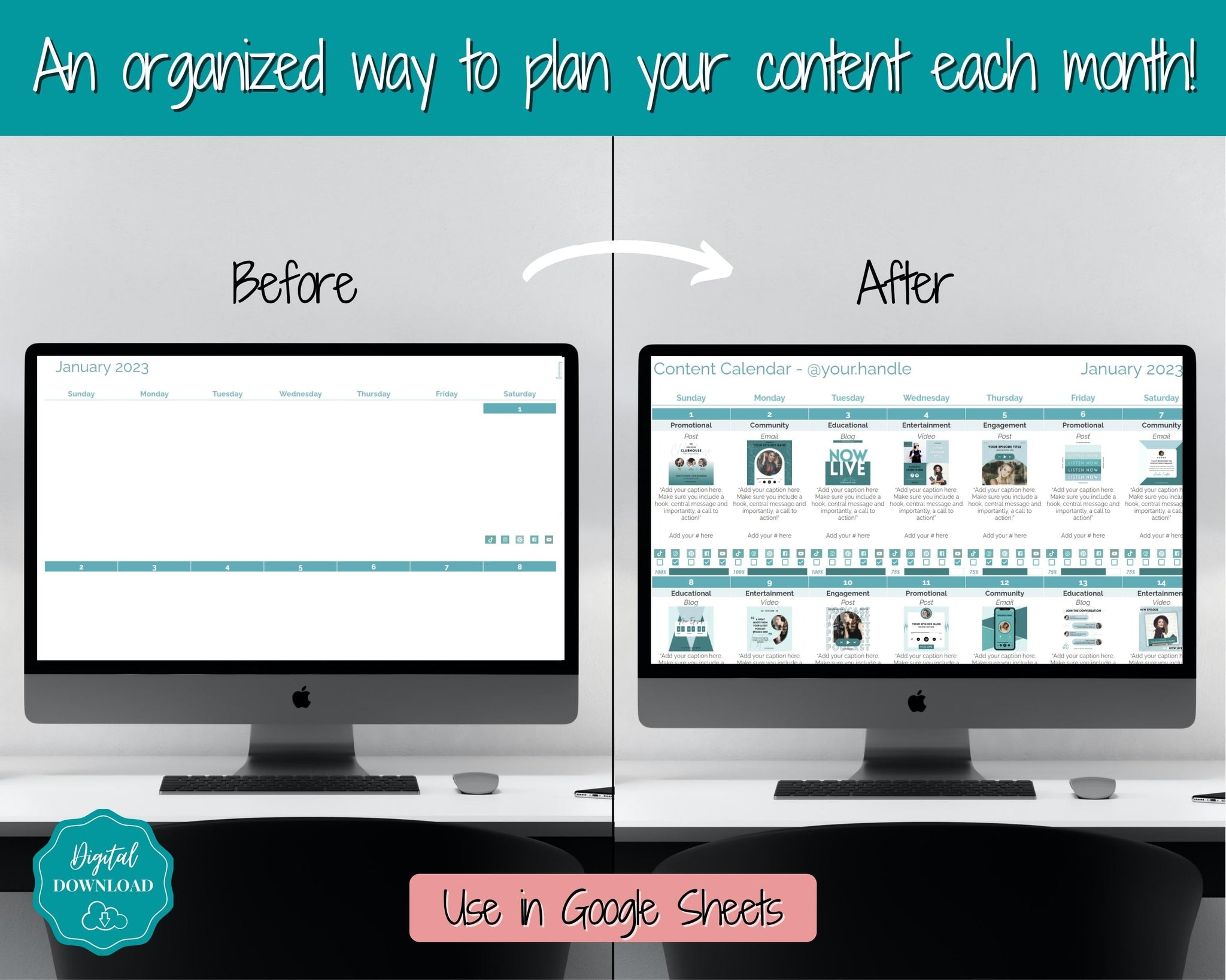 Editable Content Calendar Spreadsheet - Social Media Managers