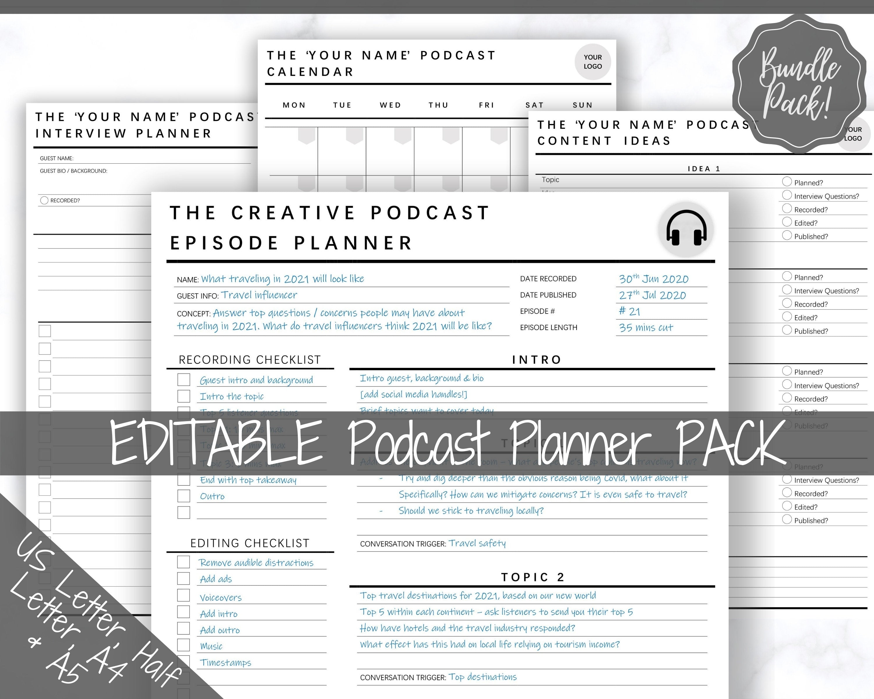 Editable Podcast Planner Bundle Pack - Mono