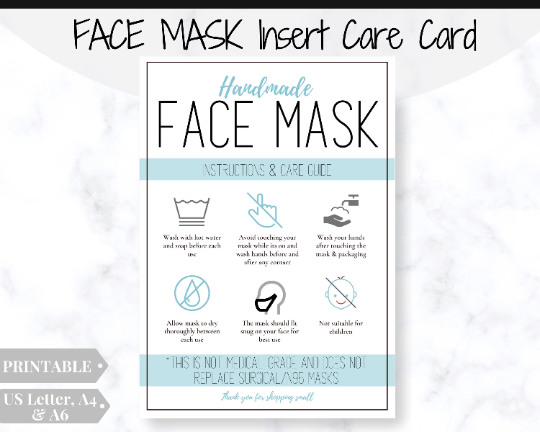 Face Mask Label Care Card Instructions | Blue