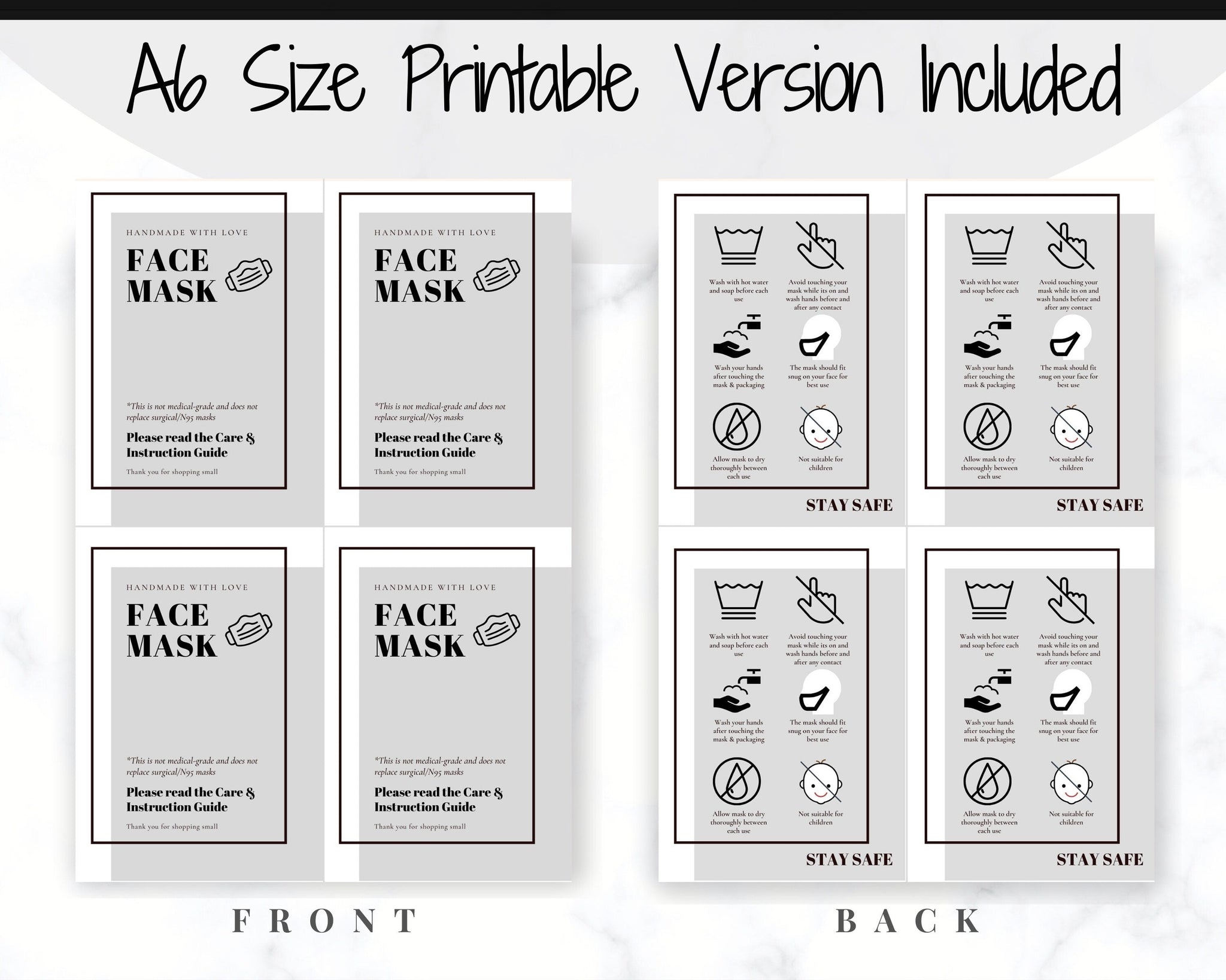 Face Mask Label Care Card Instructions | 2 Sided - Monochrome