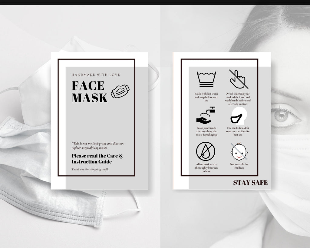 Face Mask Label Care Card Instructions | 2 Sided - Monochrome