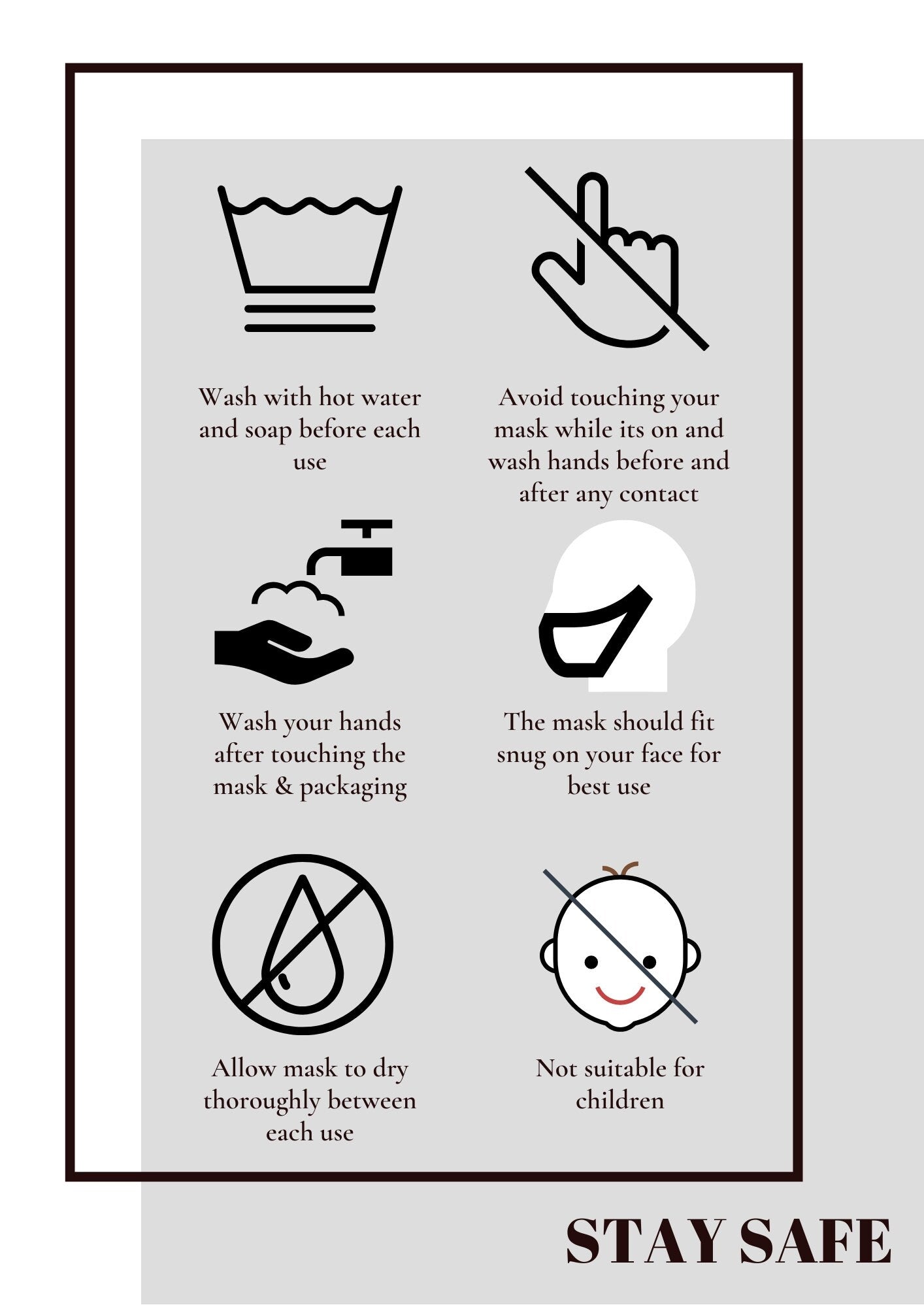 Face Mask Label Care Card Instructions | 2 Sided - Monochrome