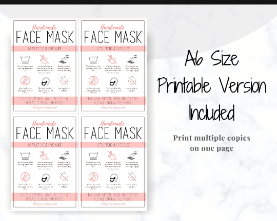 Face Mask Label Care Card Instructions | Pink