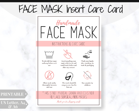 Face Mask Label Care Card Instructions | Pink