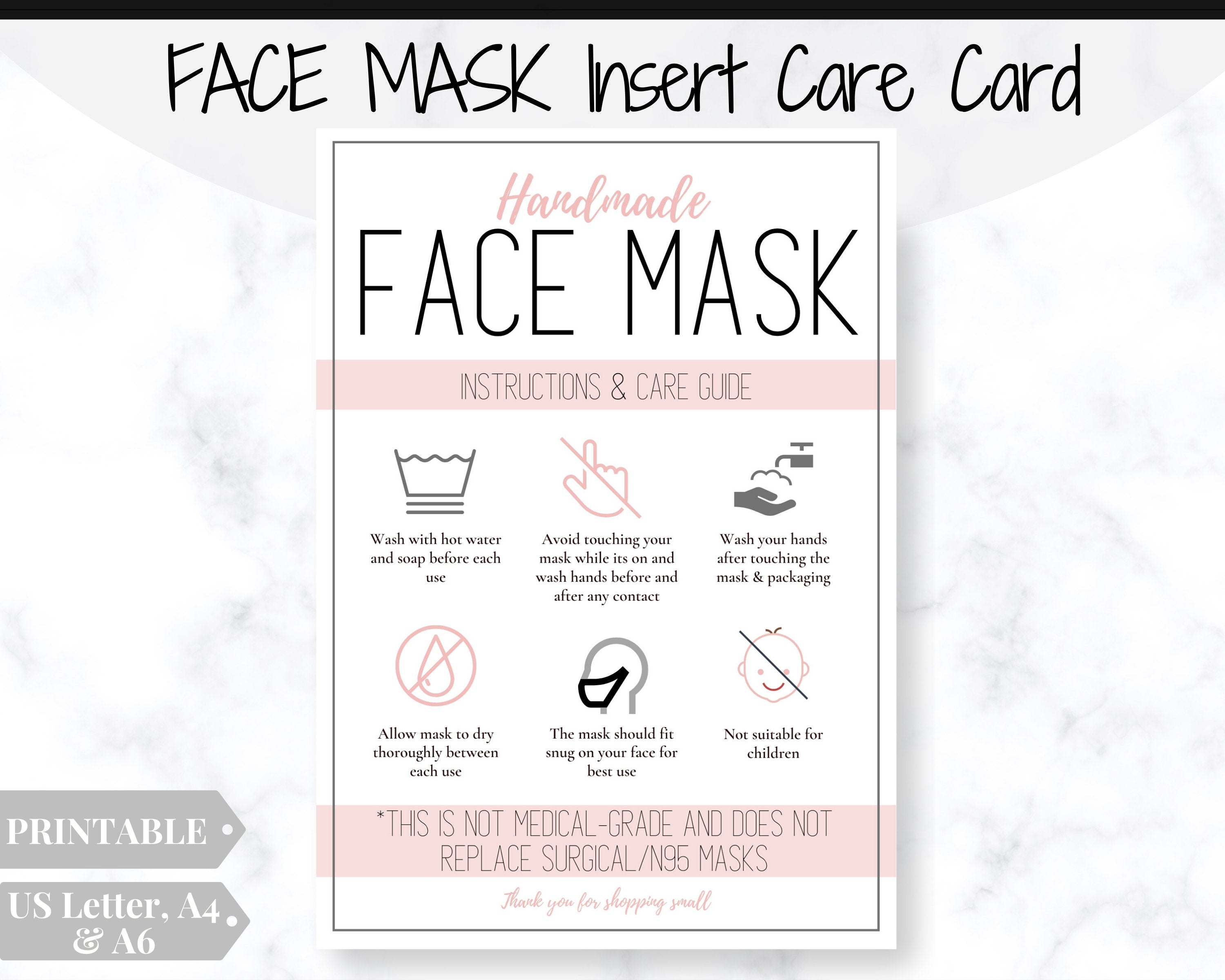 Face Mask Label Care Card Instructions | Rose Pink