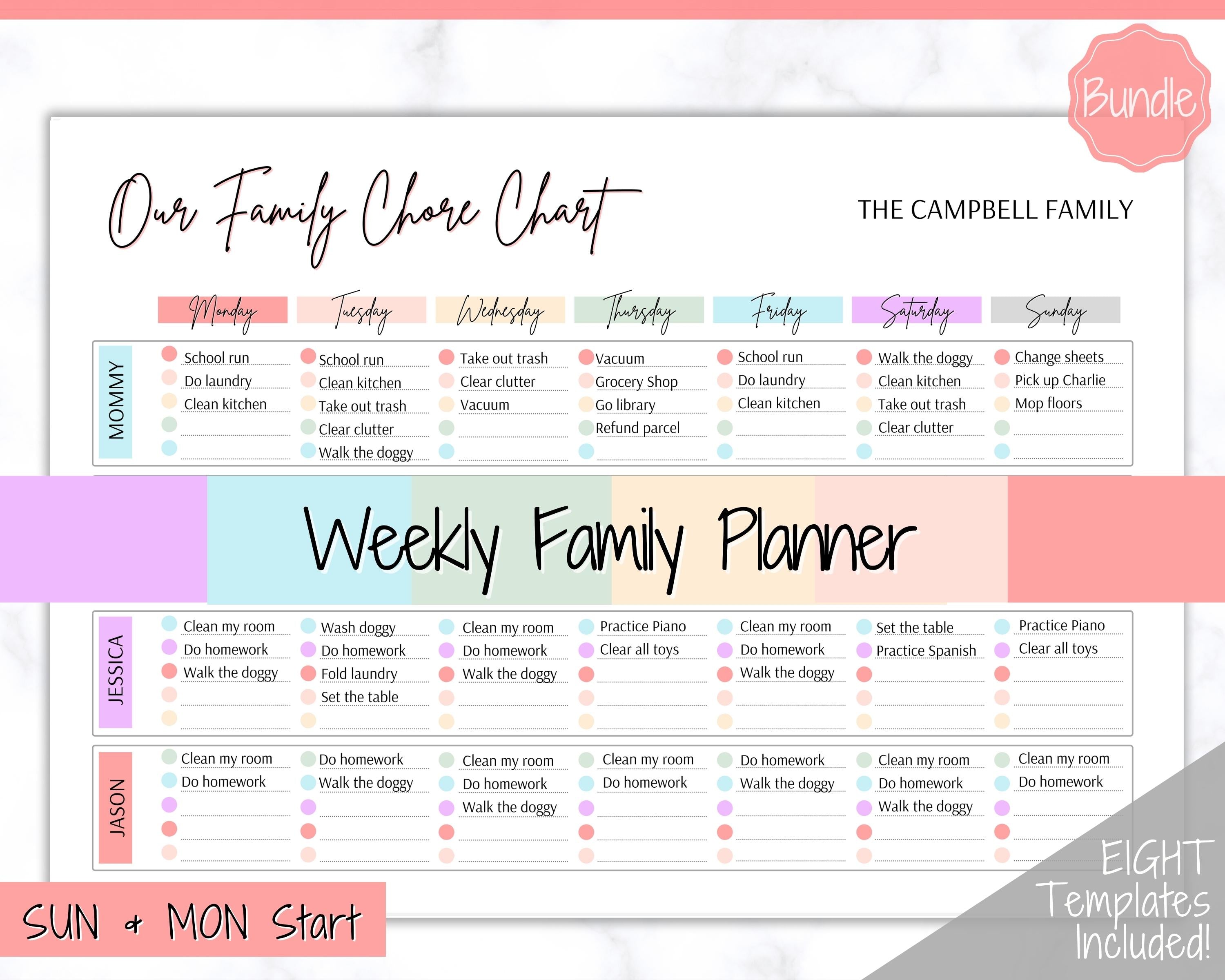 Family Chore Chart | Editable Family Planner Printable - Colorful
