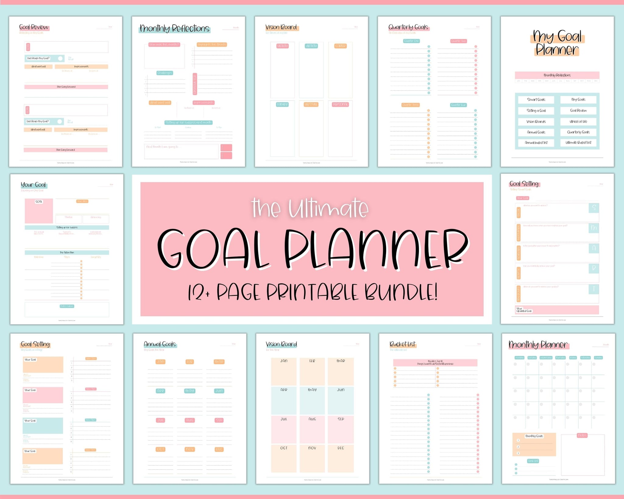 2022 Goal Planner BUNDLE | SMART Goal Setting Kit, Vision Board | Sky