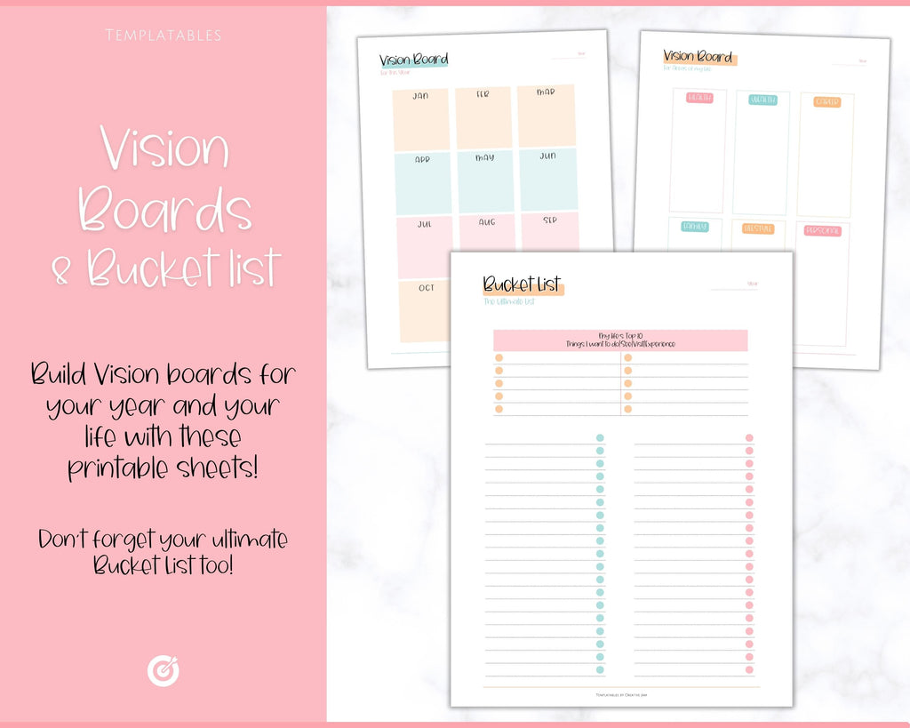 2022 Goal Planner BUNDLE | SMART Goal Setting Kit, Vision Board | Sky