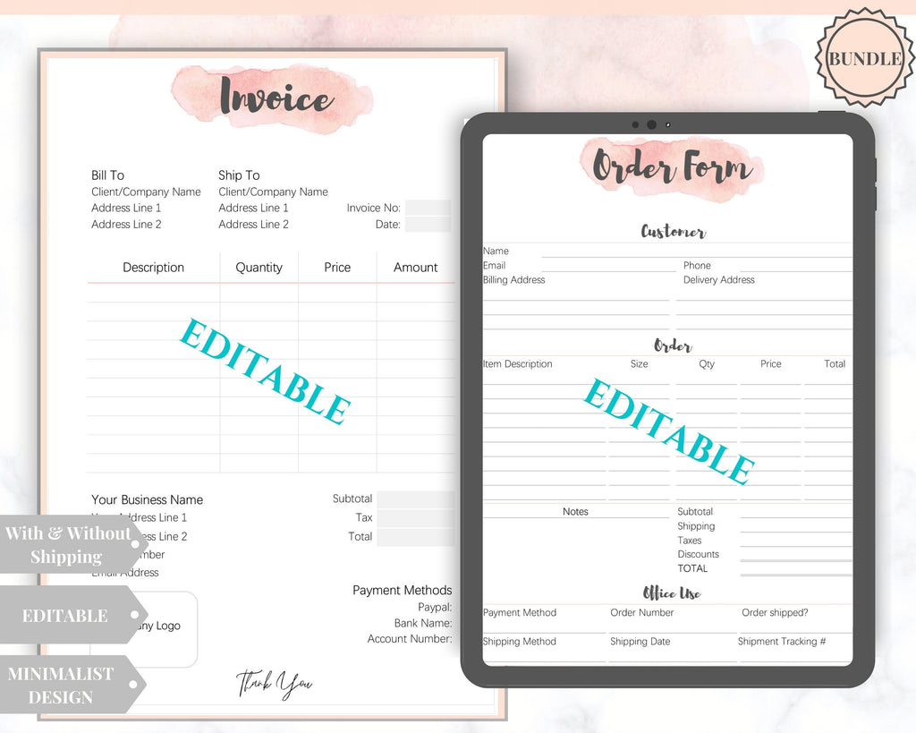Editable Customer INVOICE Template & ORDER FORM Template | Bundle 1