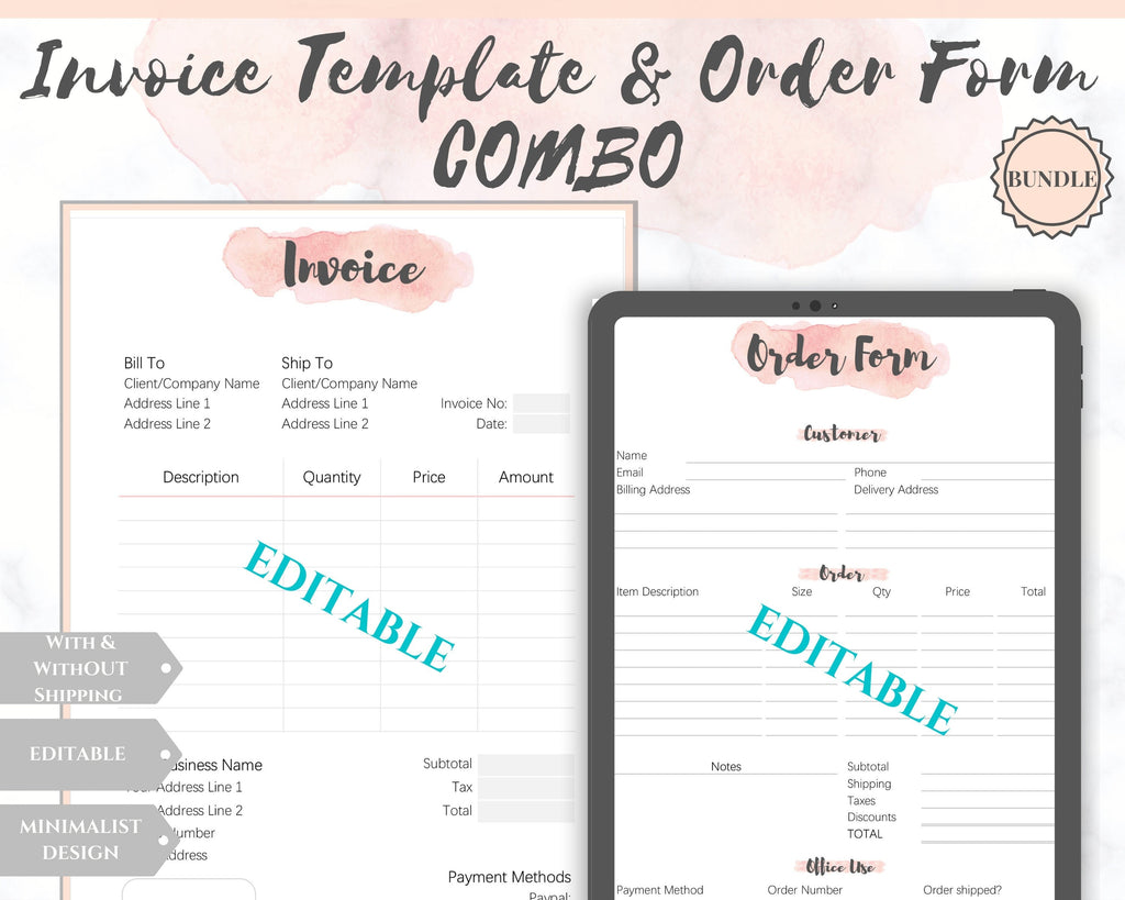 Editable Customer INVOICE Template & ORDER FORM Template | Bundle 1
