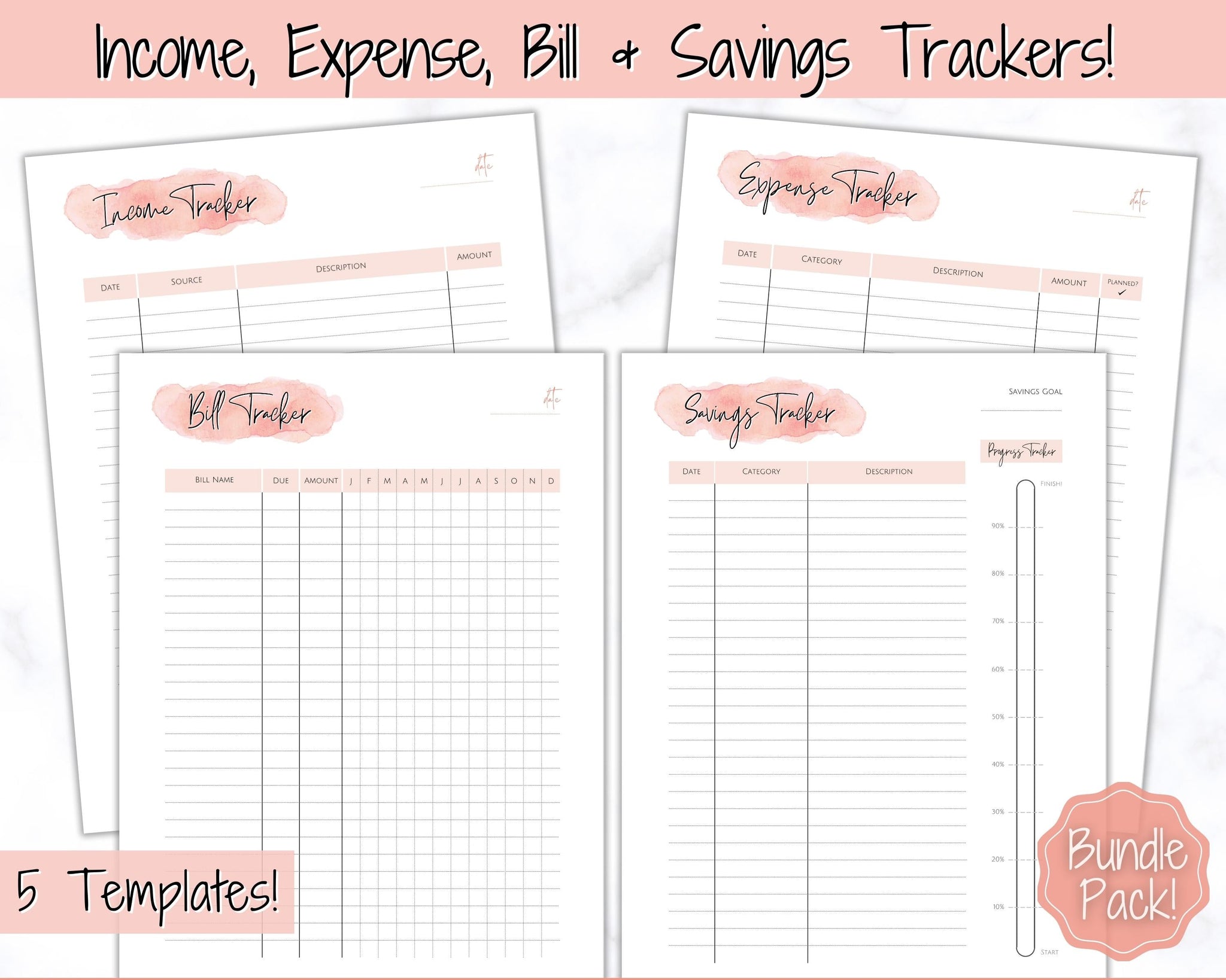 Income, Expenses, Savings & Bill Tracker Template Bundle