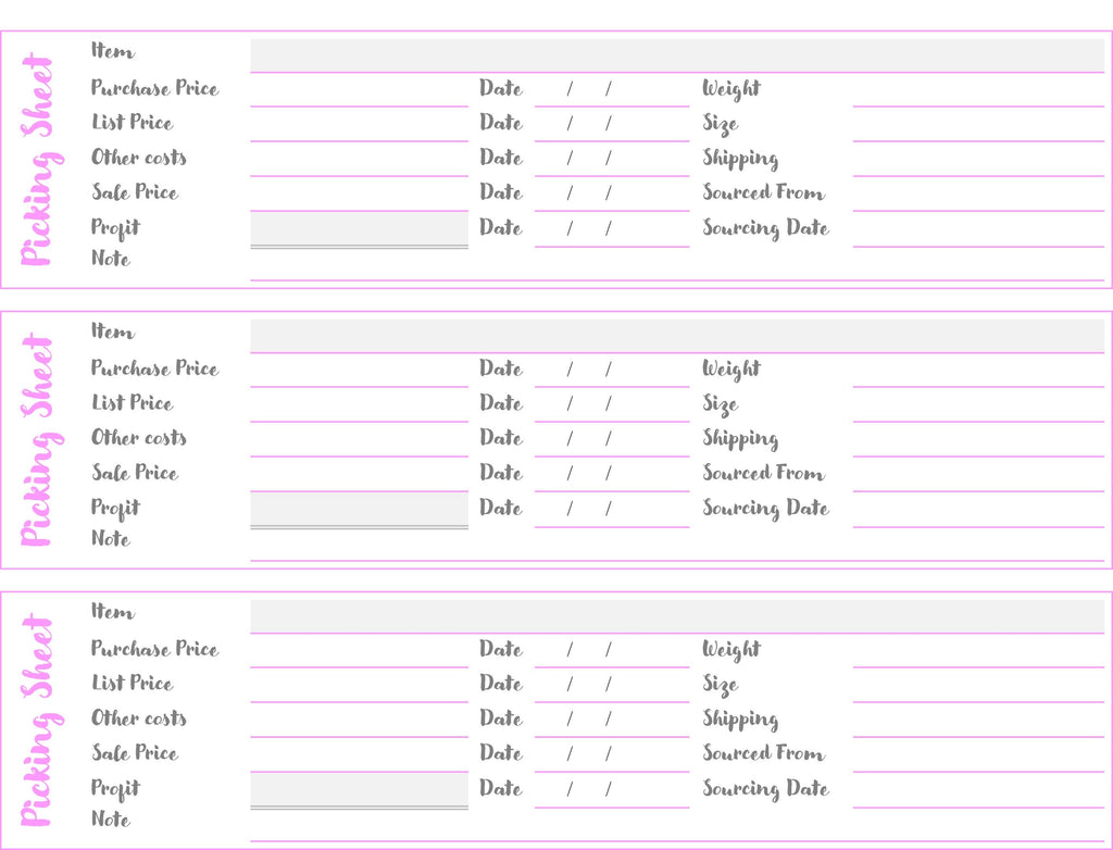 Inventory Picking Sheet for Poshmark, eBay, Etsy Amazon Sellers