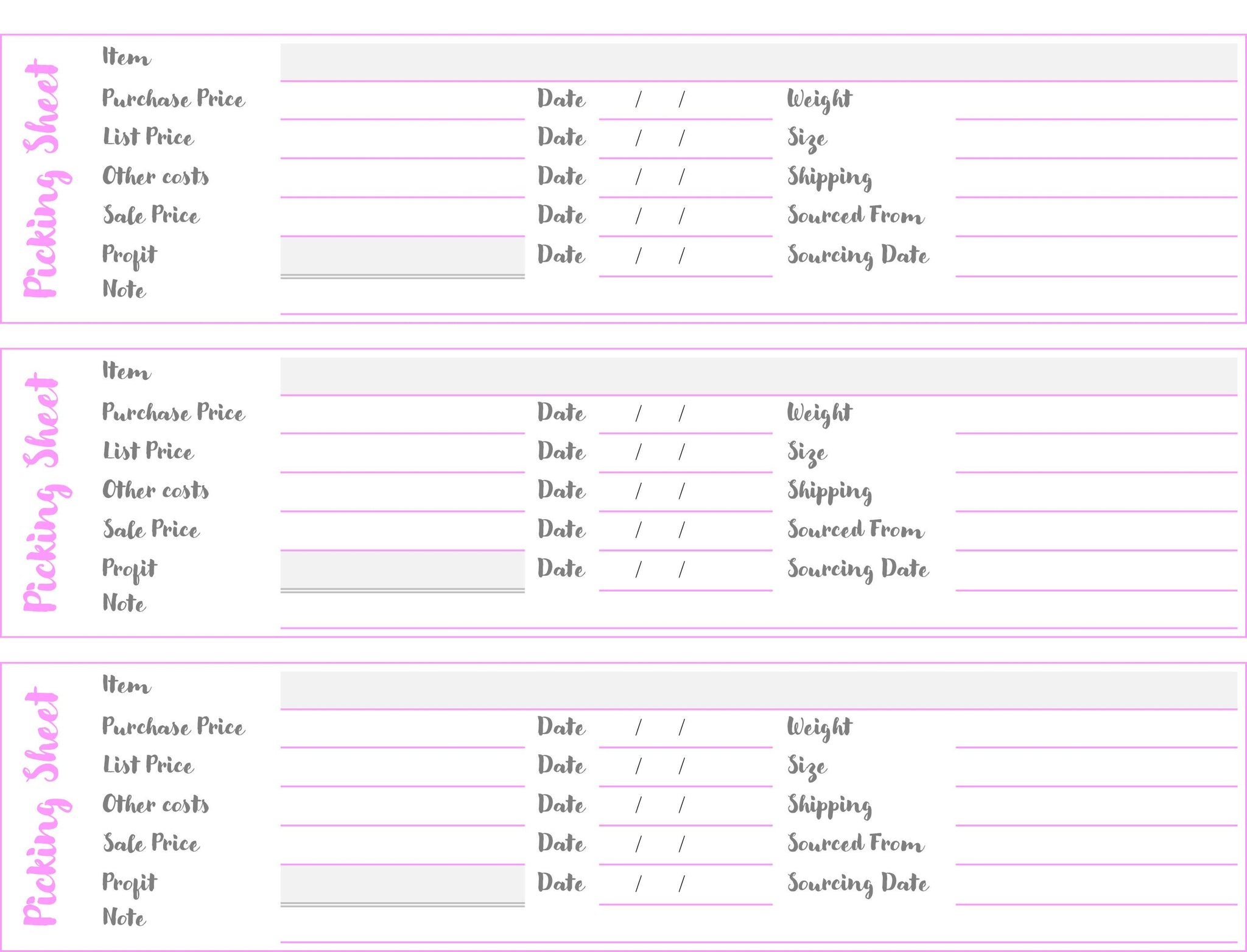 Inventory Picking Sheet for Poshmark, eBay, Etsy Amazon Sellers