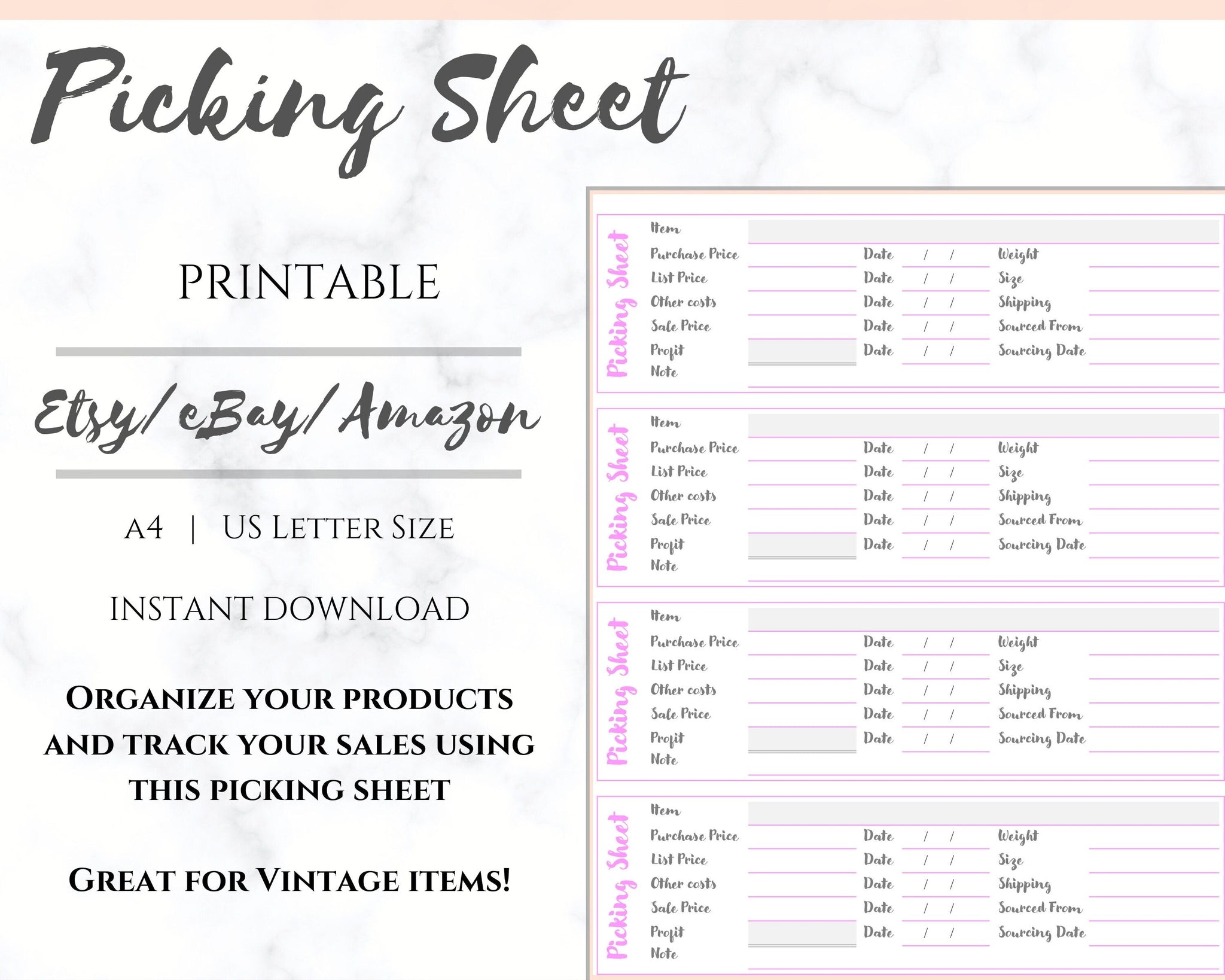 Inventory Picking Sheet for Poshmark, eBay, Etsy Amazon Sellers