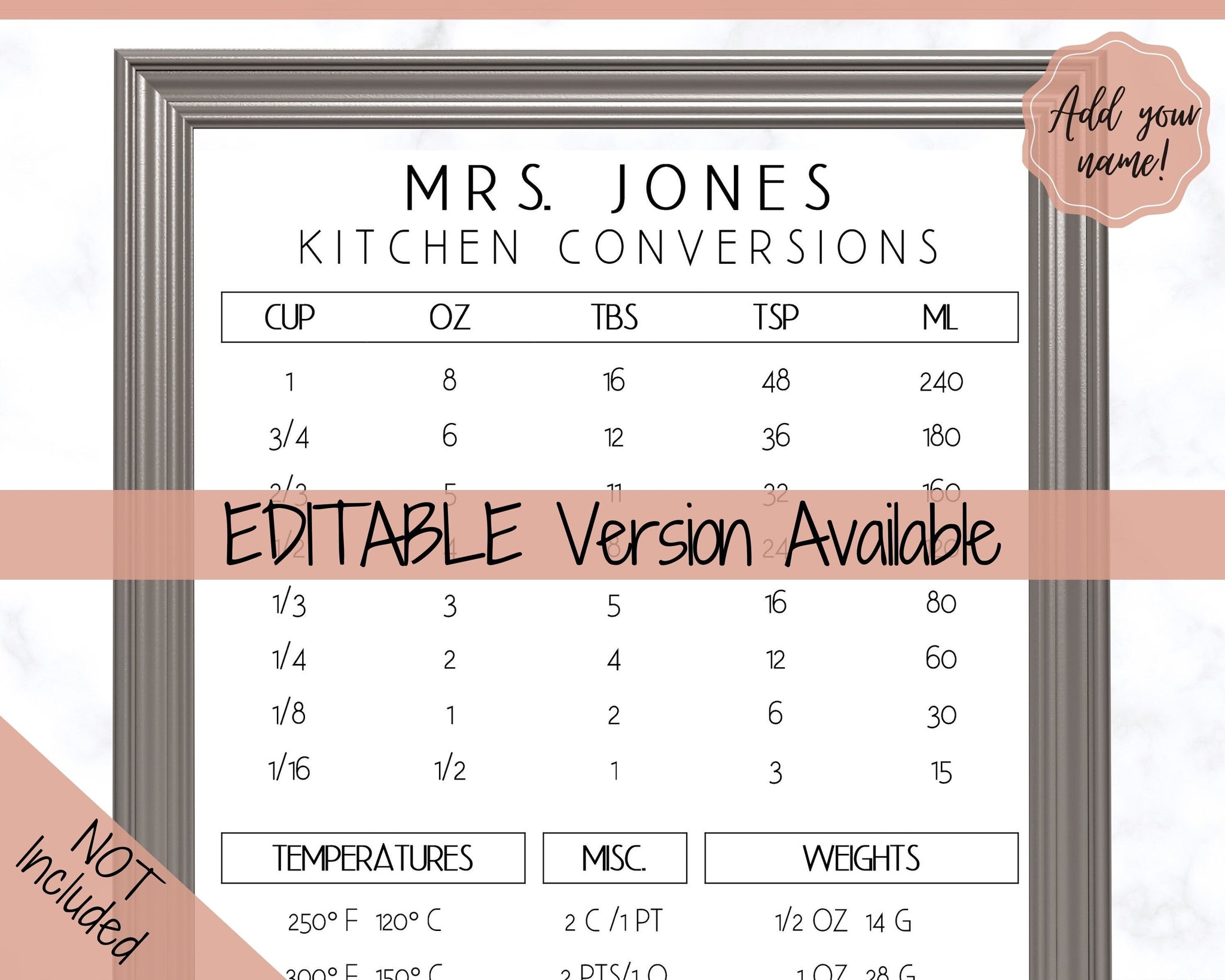Kitchen Conversion Chart | Printable Kitchen Measurements Cheat Sheet