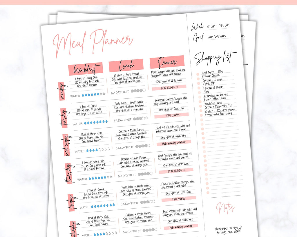 Meal Planner, Food Diary, Fitness Planner with Grocery List - Pink
