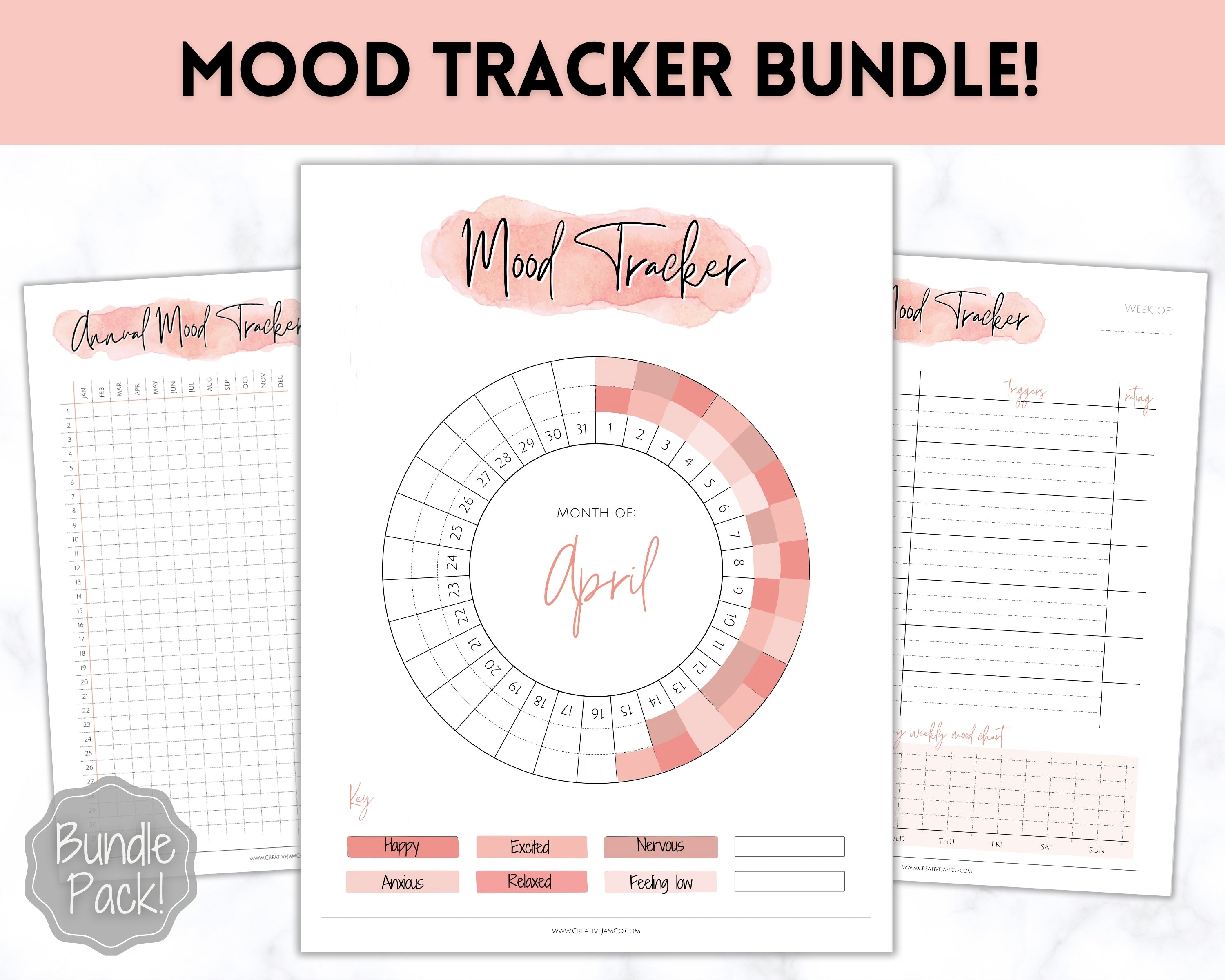 Mood Tracker BUNDLE Printable | Self Care Journal | Pink