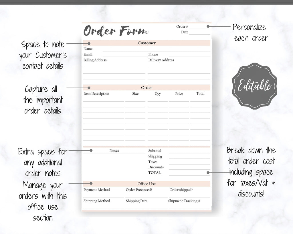 Order Form Template Printable | Pink Customer Order Sales Invoice