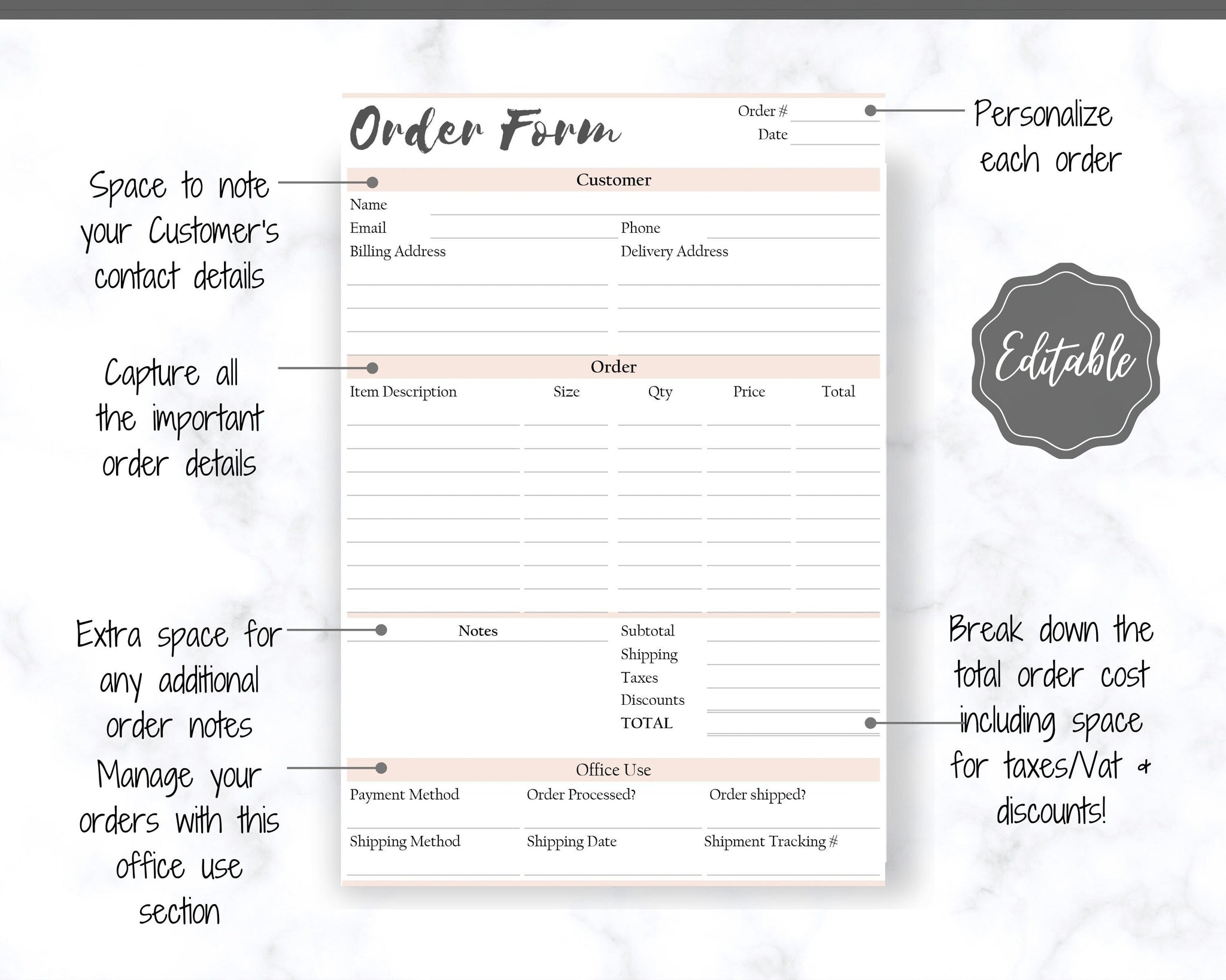 Order Form Template Printable | Pink Customer Order Sales Invoice