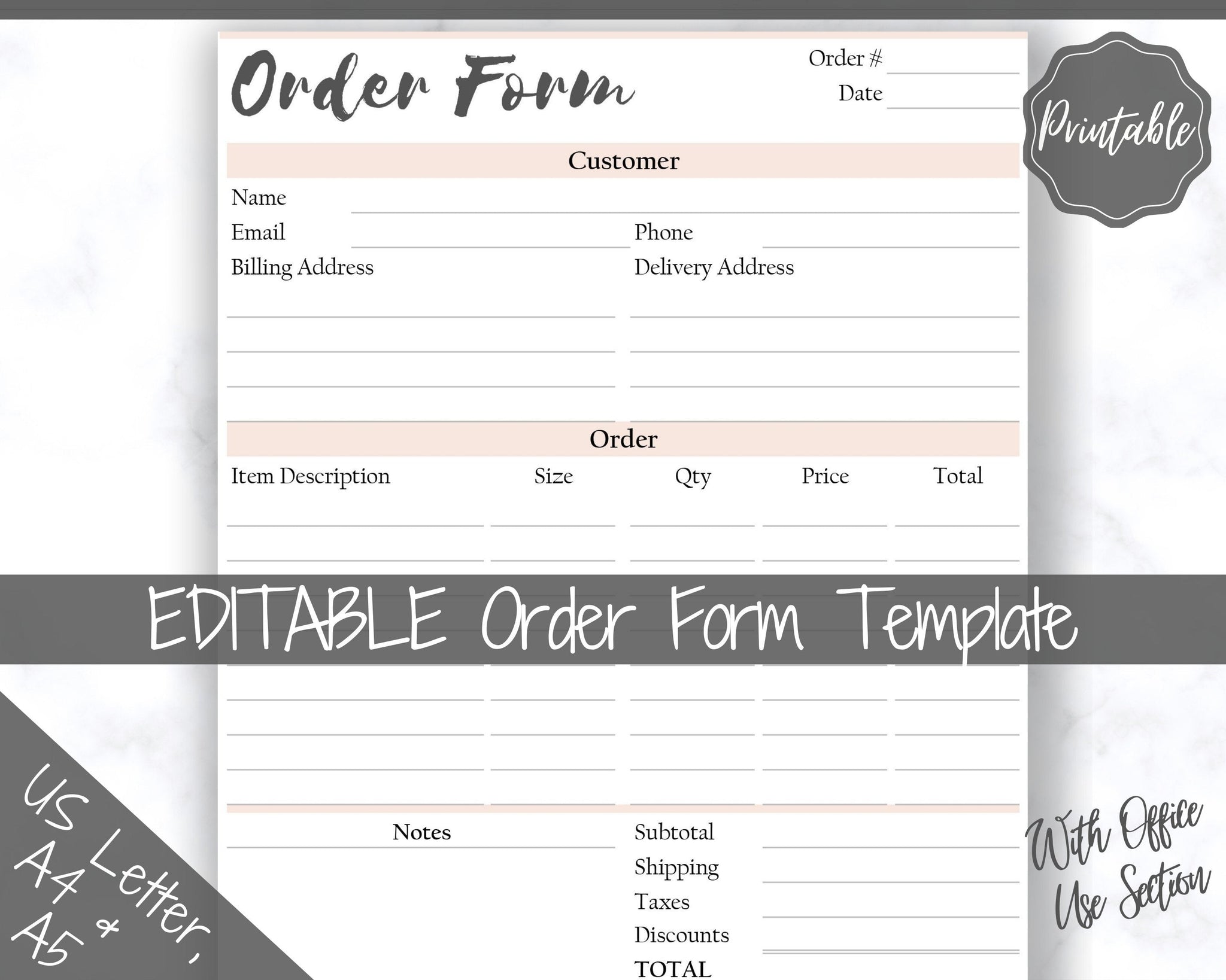 Order Form Template Printable | Pink Customer Order Sales Invoice