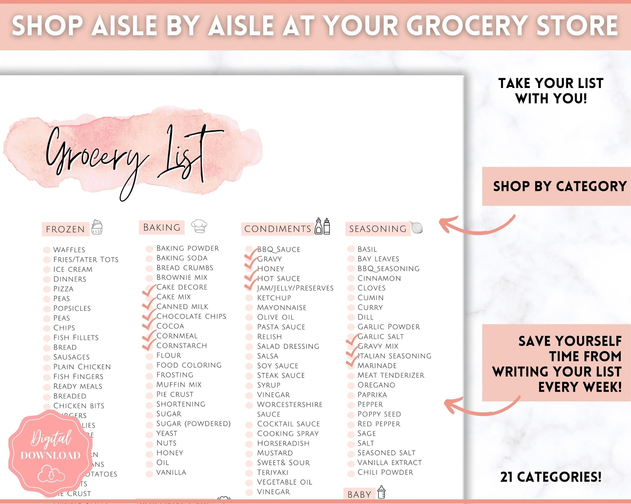 Grocery List Printable - Weekly Shopping List Master | Pink watercolor