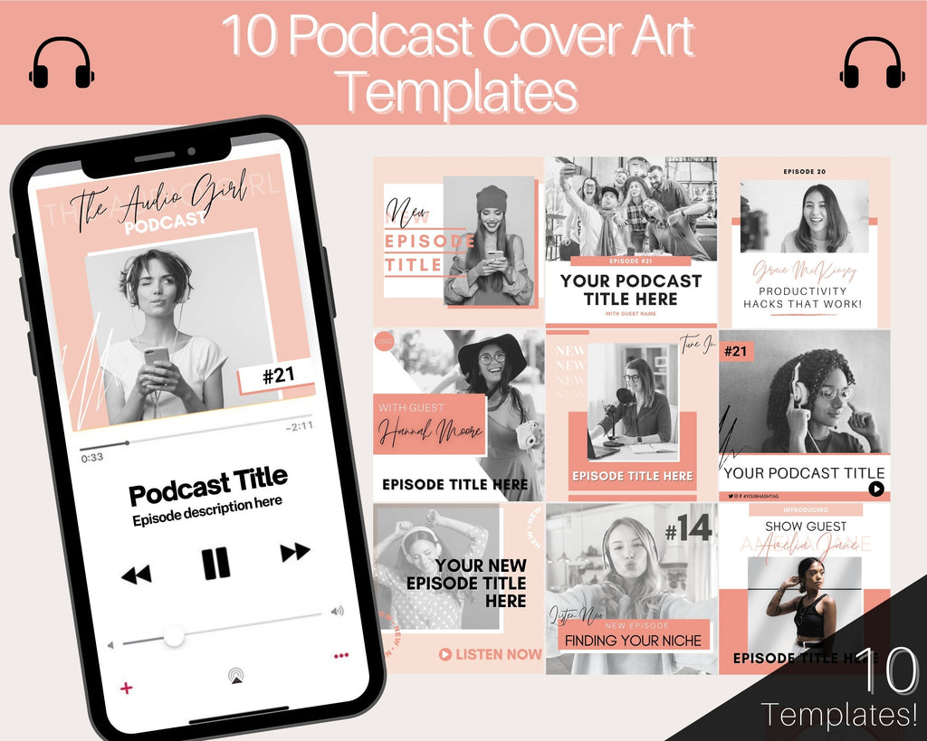 Podcast COVER ART Templates, 10 Editable Podcast Canva Mockups - Pink