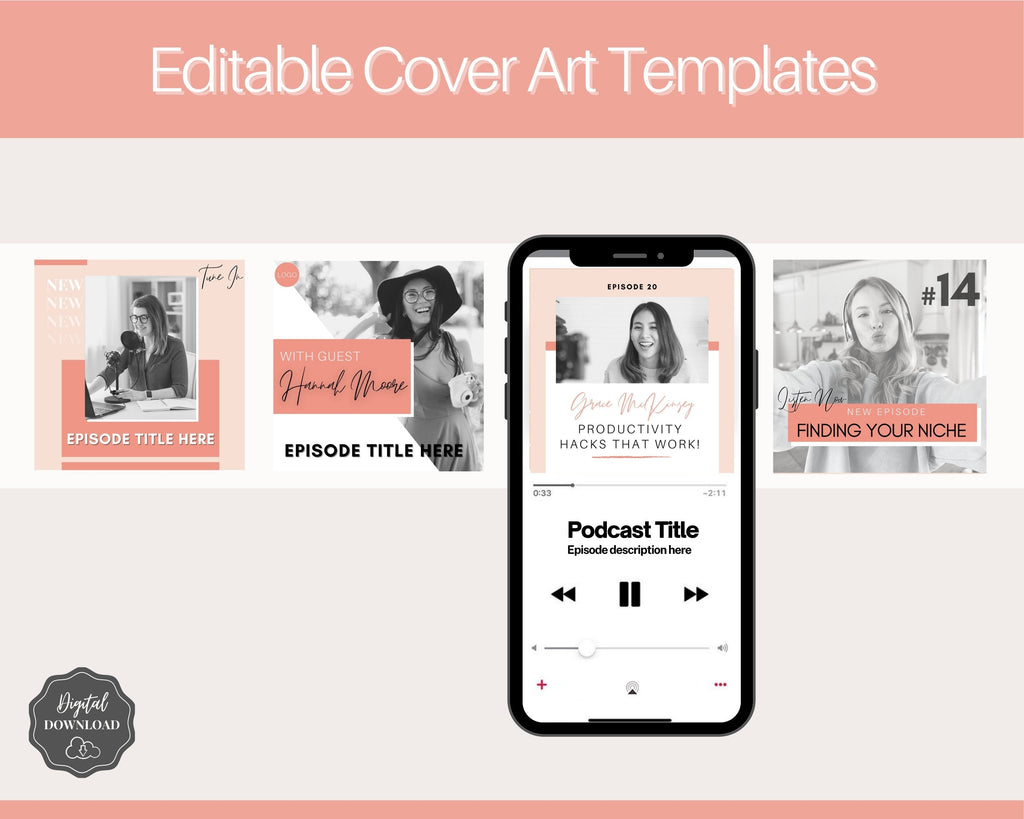 Podcast COVER ART Templates, 10 Editable Podcast Canva Mockups - Pink
