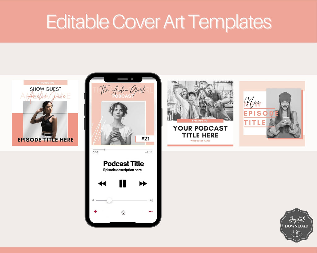 Podcast COVER ART Templates, 10 Editable Podcast Canva Mockups - Pink