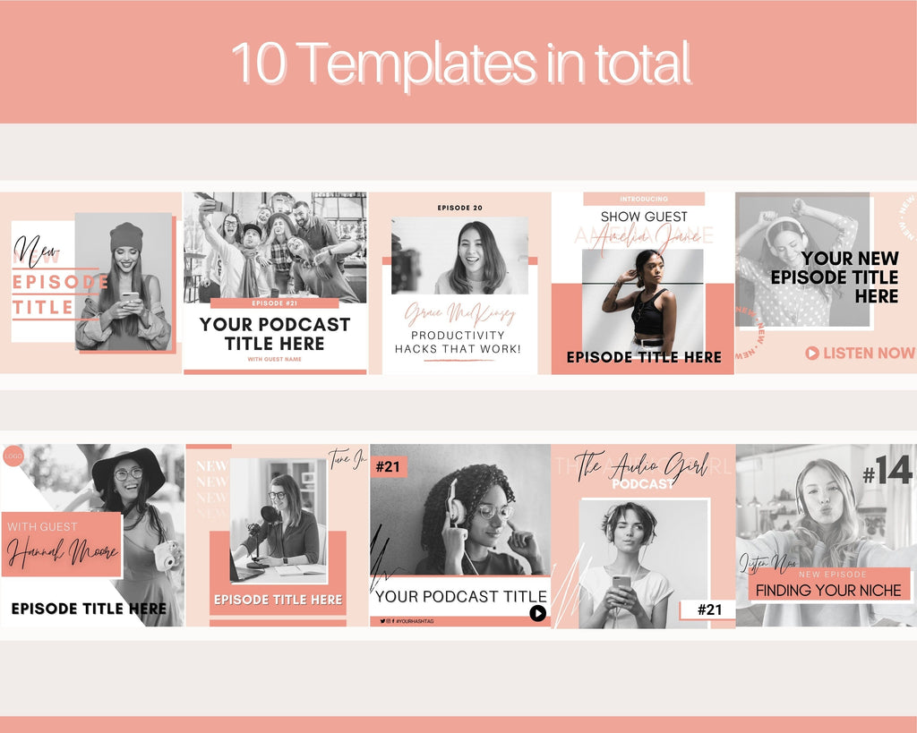 Podcast COVER ART Templates, 10 Editable Podcast Canva Mockups - Pink